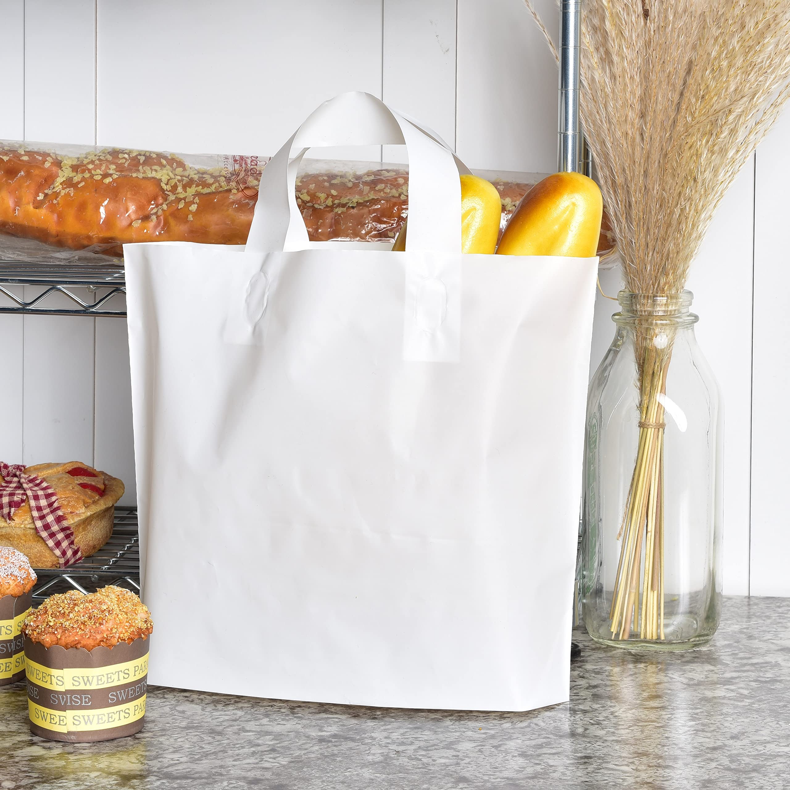 Prime Line Packaging 12x4x10 50 Pack Large Plastic Bags with Handles, Reusable White Shopping & Merchandise Bags for Boutique, Small Business, Bulk