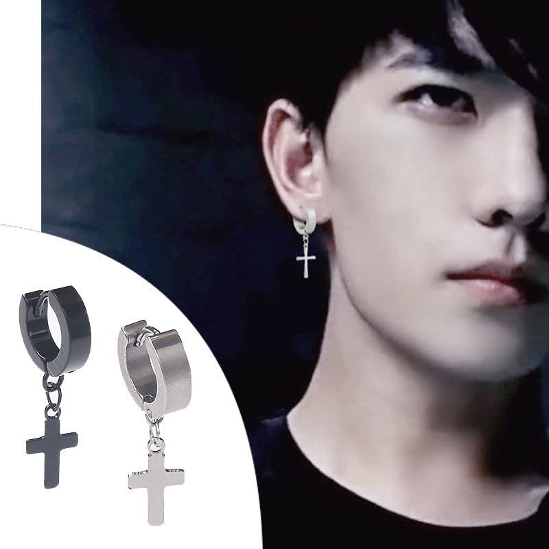 Stud Stainless Steel Earrings,Non Pierced Ear Clips for Men Women,Cross Dangle Hoop Earrings Unisex Gauges Clip on Earring(6PCS)