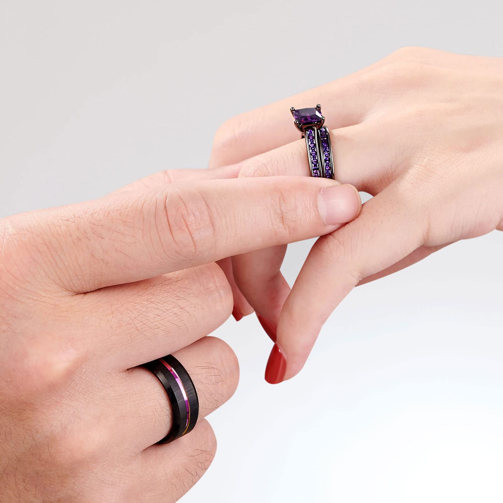 SHELOVES Black Plated Couples Women Purple Wedding Rings Sets His and Hers Men Tungsten Wedding Band 11+8.5