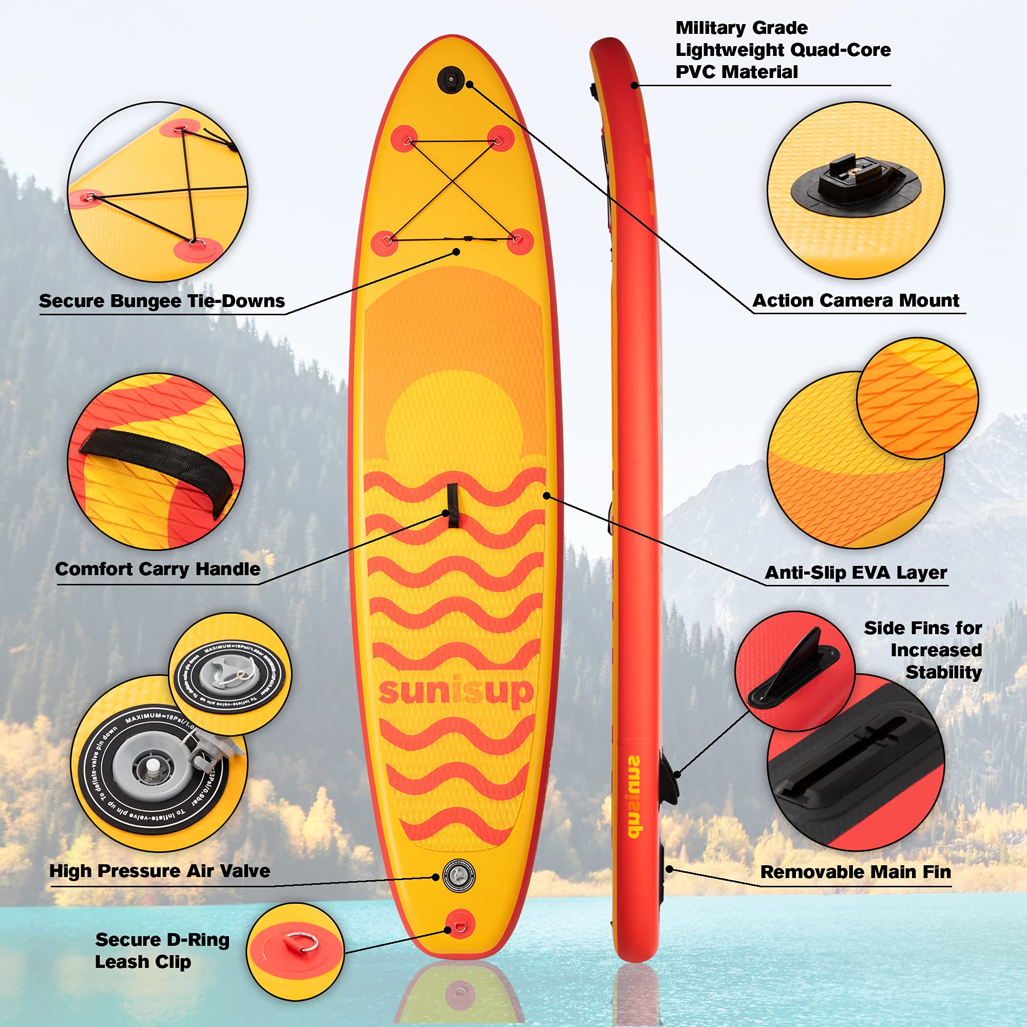 SUNISUP SUP Inflatable Paddle Board for Adults, 10.6β x 30β x 6β, Non-Slip Stand Up Deck with Bottom Paddling Fin, Paddleboard Accessories with Air Pump, Bag, Ankle Leash, Go Pro Mount (Orange/Yellow)