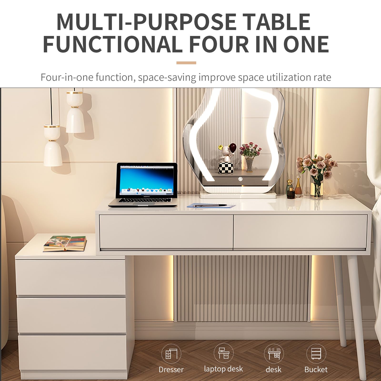 Saefhge Vanity Desk with Mirror and Lights,Modern Vanity Set with Movable Cabinet,Large Capacity Drawers and Petal Chair for Bedroom (39inch)