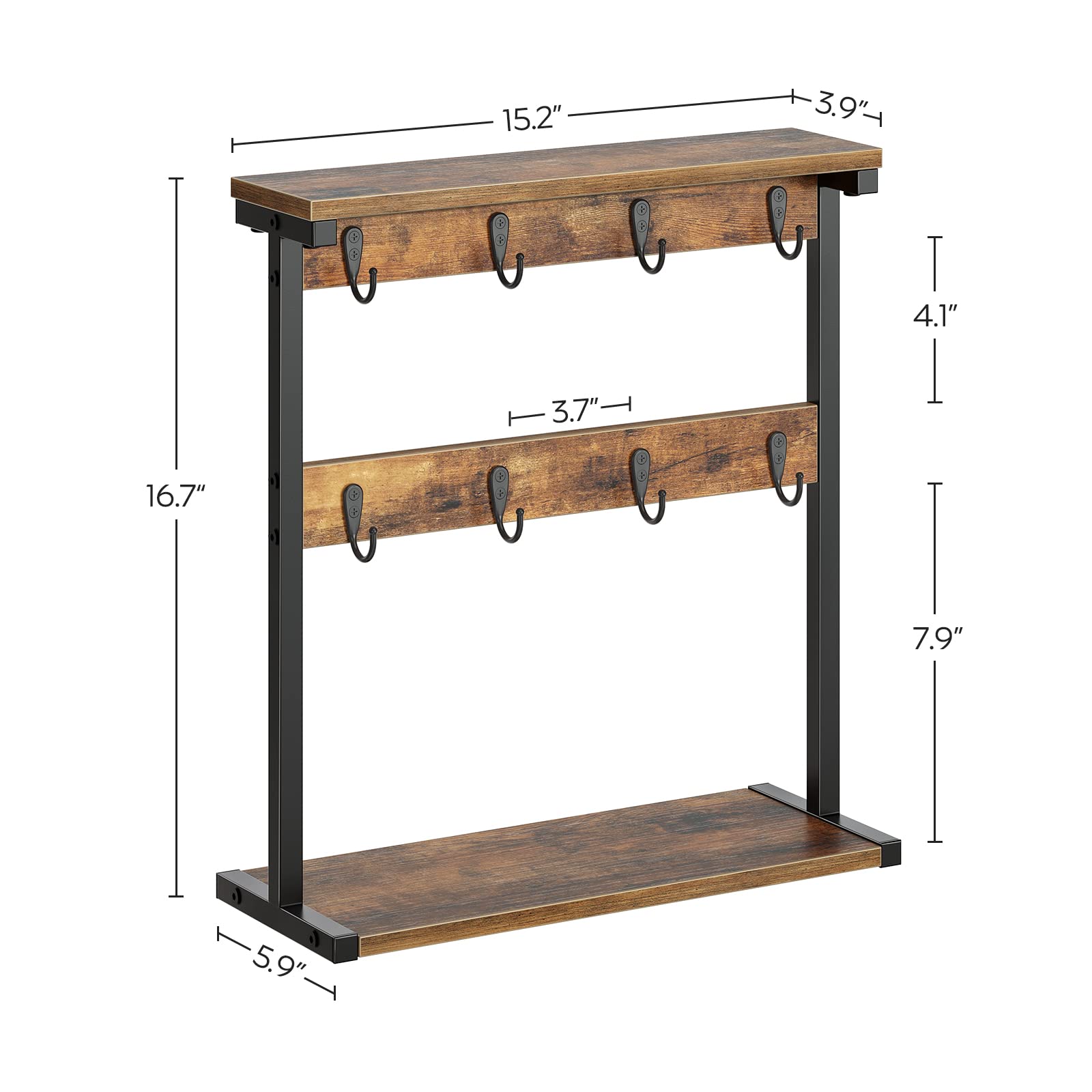 YATINEY Coffee Mug Holder for Counter, 2 Tier Mug Tree Rack, with 8 Hook and 2 Open Shelves, Vintage Mug Holder Stand for Home Kitchen, Rustic Brown MH43BR