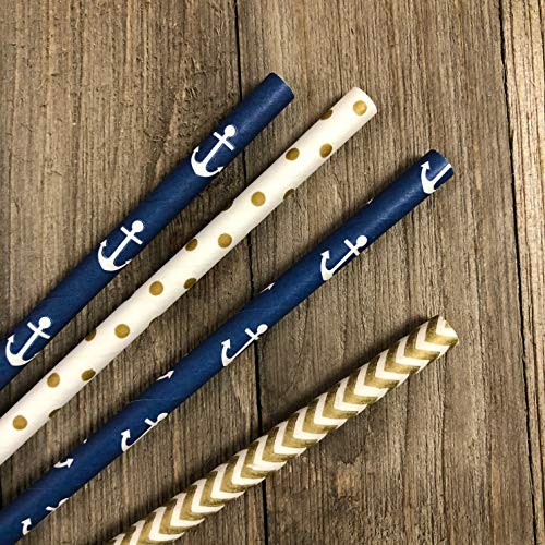 Nautical Anchor Themed Paper Straws - Navy Blue Gold White - Chevron Polka Dot - 7.75 Inches - 100 Pack - Outside the Box Papers Brand