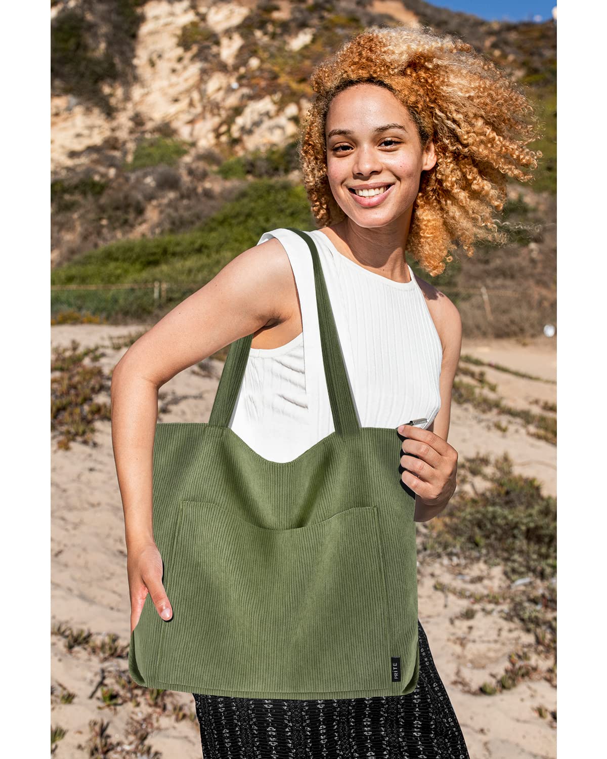 Prite Corduroy Tote Bag for Women Large Shoulder Bag with Zipper and Pockets for College Work Travel Shopping(Green)