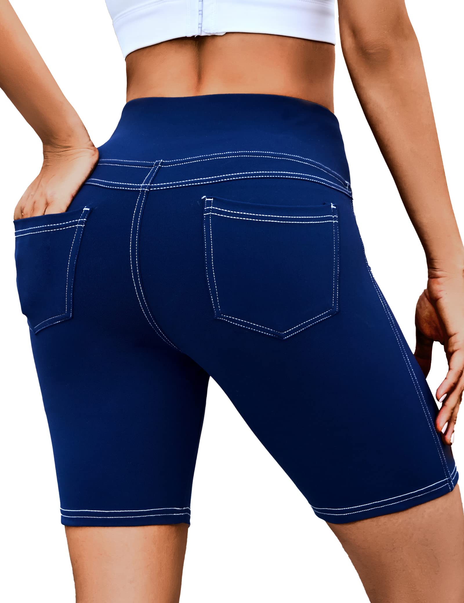 VOOVEEYA 5"/8" High Waisted Yoga Biker Shorts with Pockets for Women - Butt Lifting Workout Spandex Booty Gym Shorts(Denim Blue S)