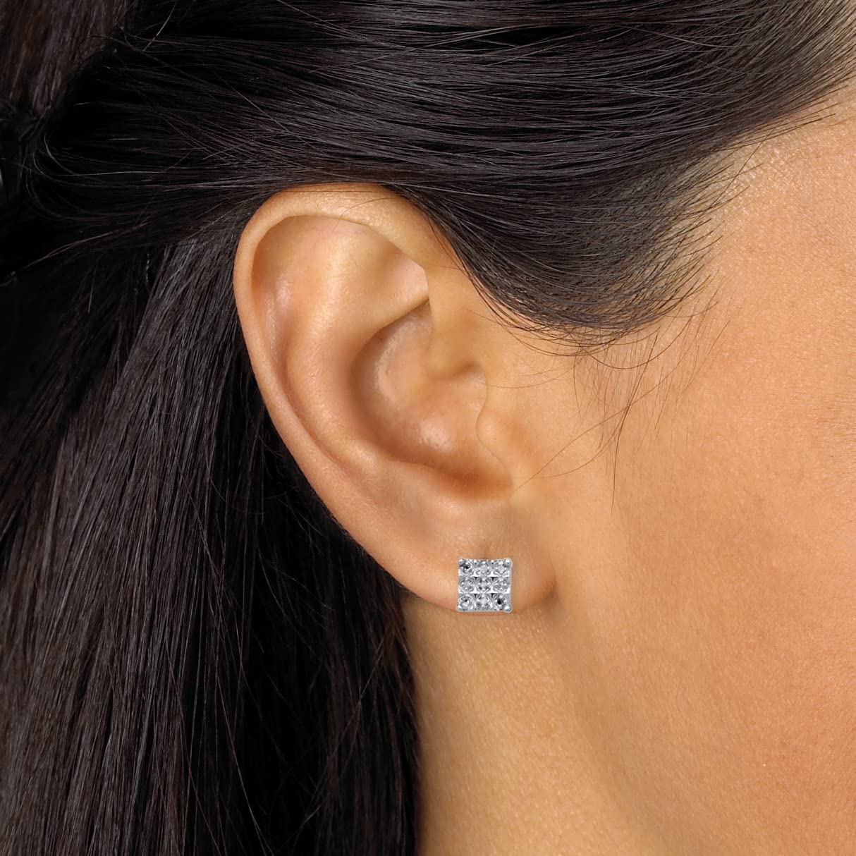 PalmBeach Platinum-Plated Sterling Silver Round Genuine Diamond Square Cluster Stud Earrings (1/7 cttw, I Color, I3 Clarity)