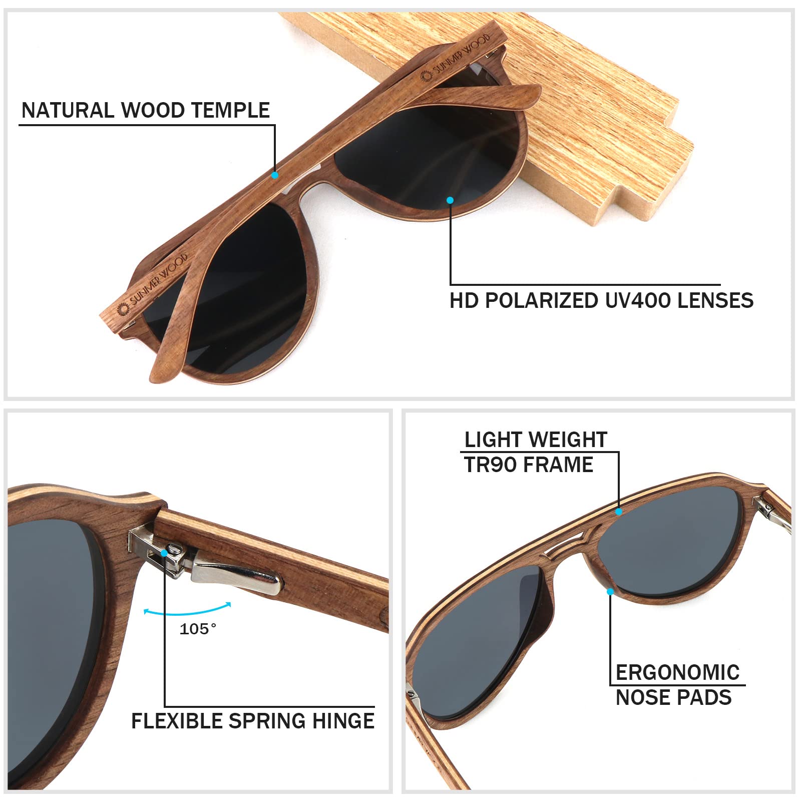 Wood Sunglasses for Men Women Wooden Polarized Sun Glasses with Spring Hinge UV Protection
