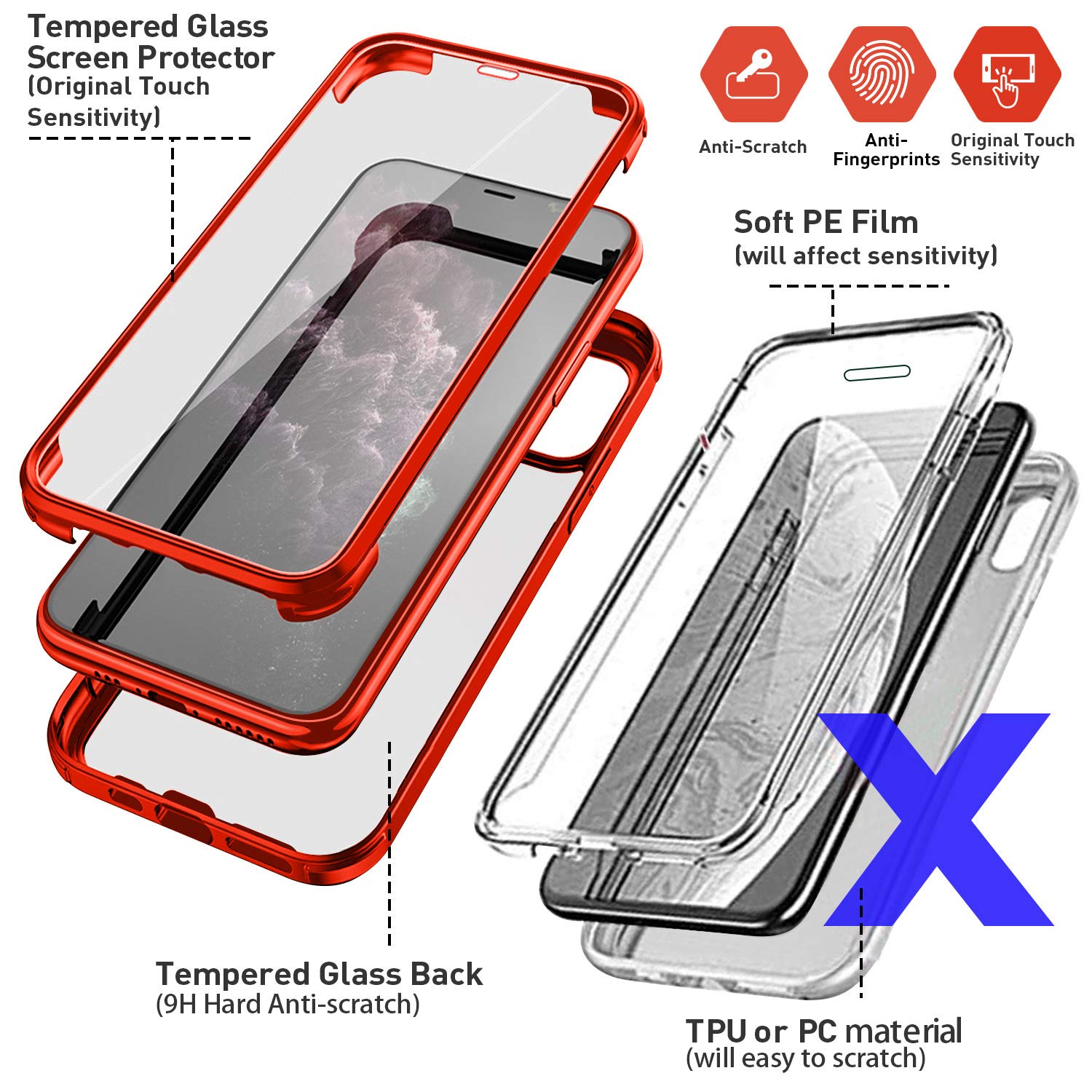 UBUNU iPhone 11 Pro Max Case with Screen Protector [Built-in 9H Hard Tempered Glass Touch Sensitive] [360 Full Body Protective] Clear iPhone 11 Pro Max Phone Case Cover for Men Women 6.5 inch, Red