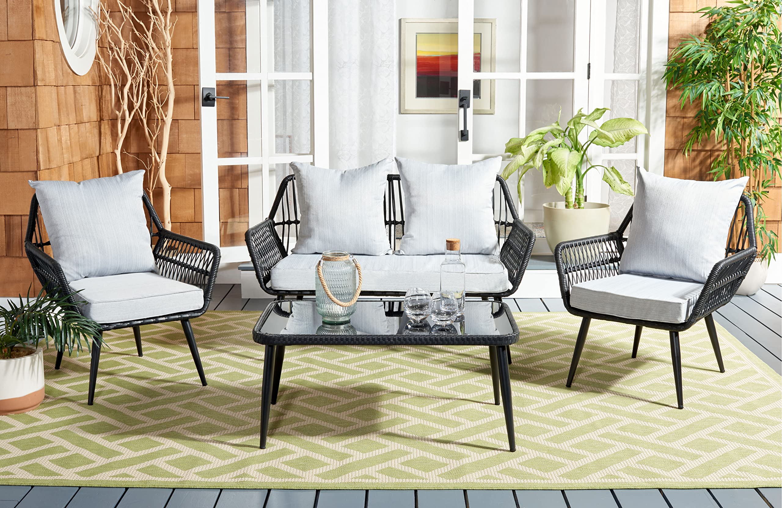 SAFAVIEH PAT9029A Outdoor Collection Elsbeth Black/Grey 4-Piece Conversation Patio Set