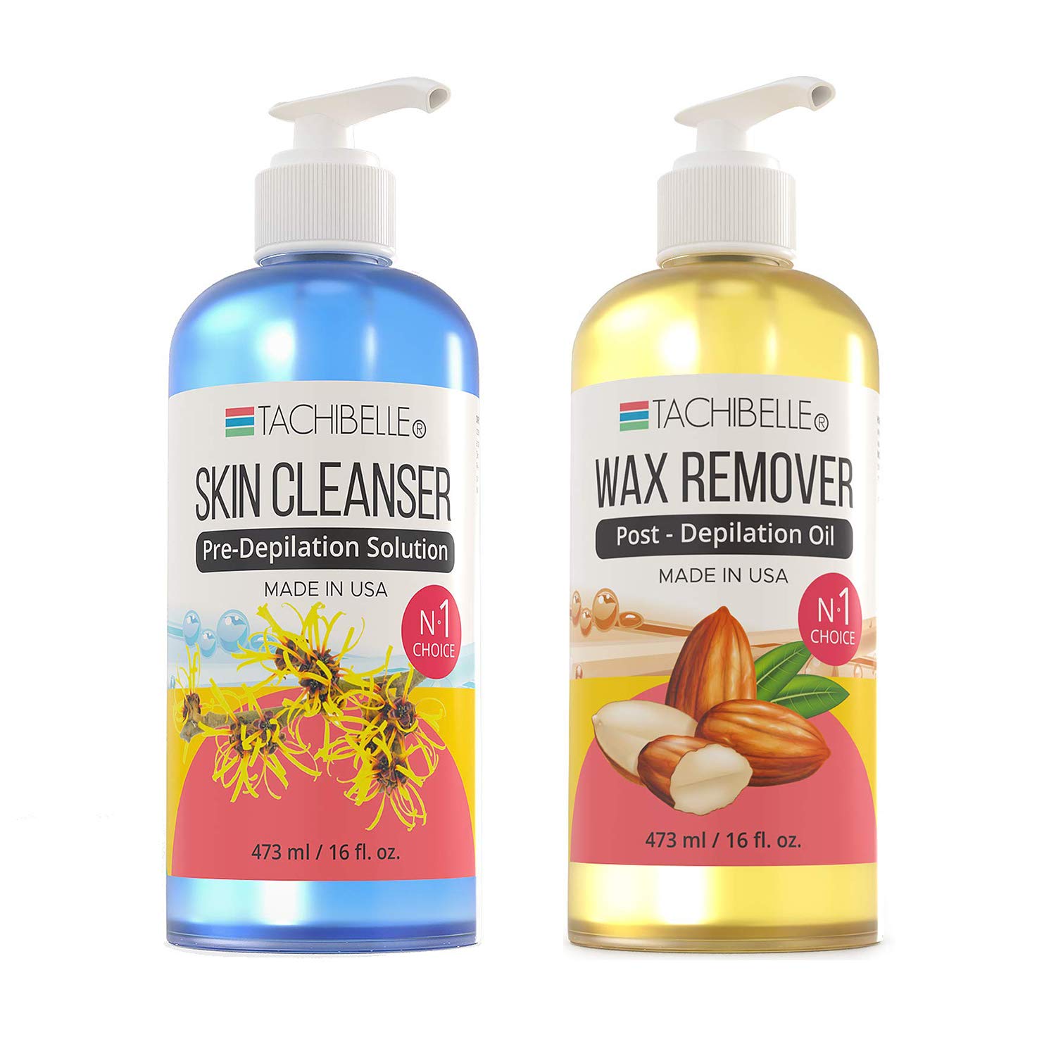 Tachibelle Post-Depilation Set of 2 Wax Remover Oil Enriched with Almond Oil + Skin Cleanser Solution Formulated with Hazel 16oz.