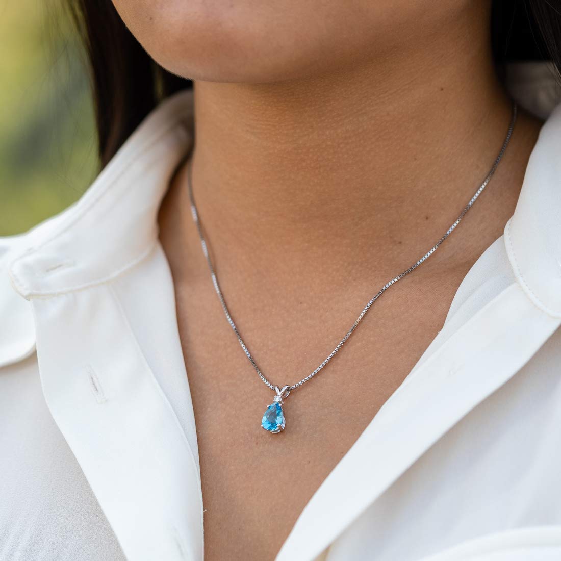 PEORA 14K White Gold Swiss Blue Topaz with Diamond Pendant for Women, Natural Gemstone Birthstone Teardrop Solitaire, 2.30 Carats total Pear Shape 10x7mm