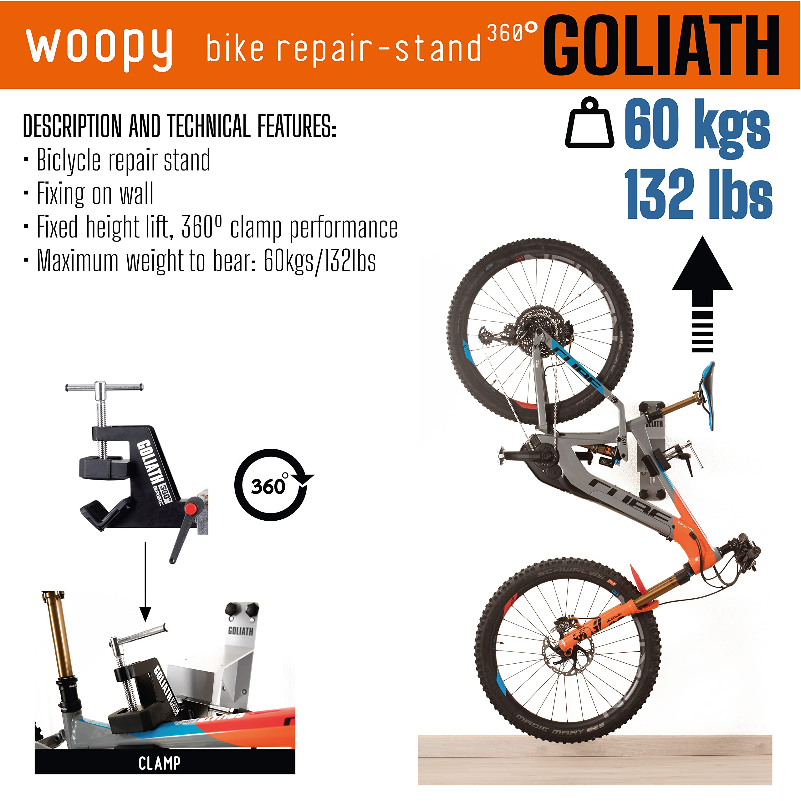WOOPY Bike Wall Mount - Storage Bike Rack Garage or Home - Vertical Bicycle Hanger for Maintenance - Indoor or Outdoor Use Max. Load 132 Lbs,Goliath Space Wall