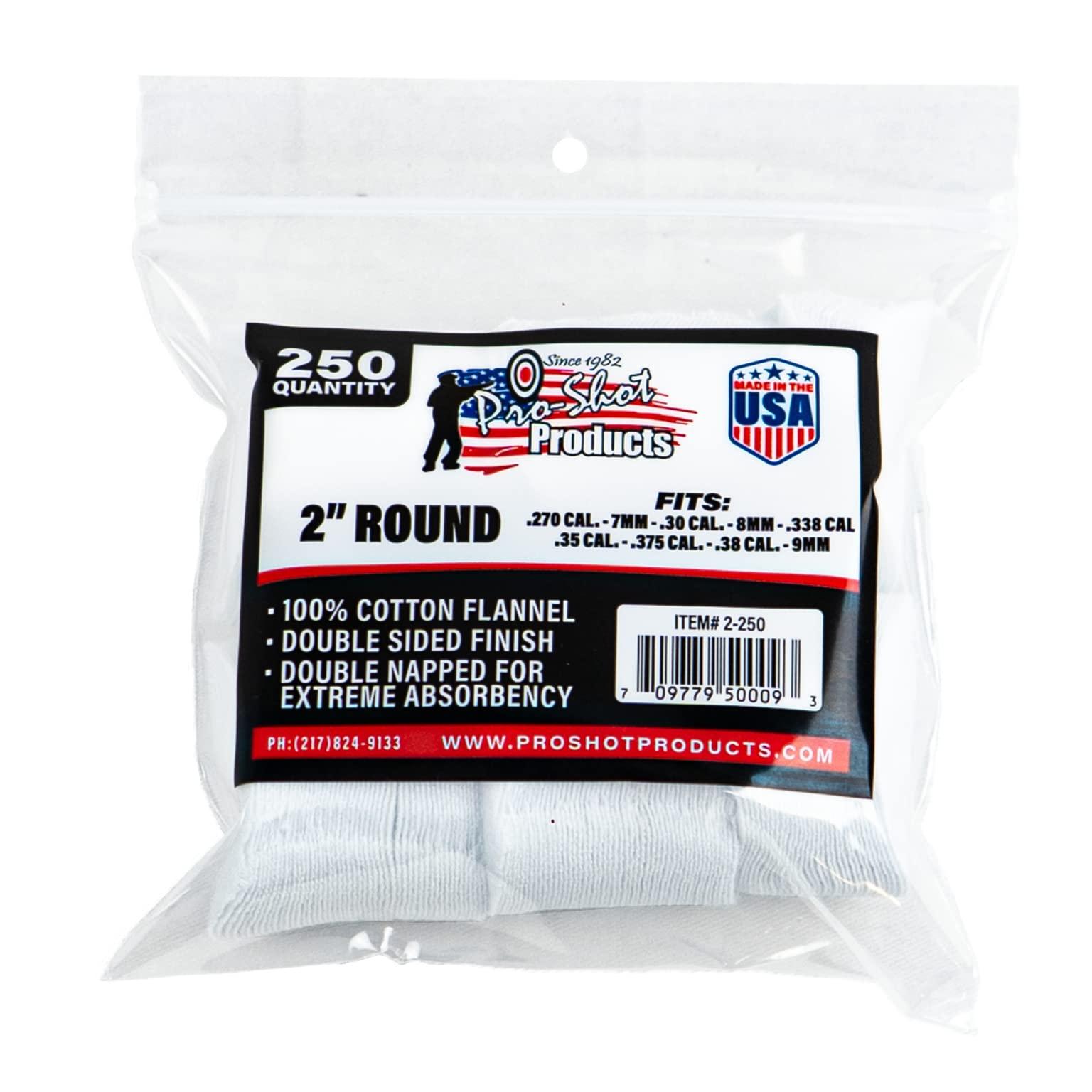 Pro Shot .270-.38 Caliber 2-Inch RD. 250 Count Patches, WHITE