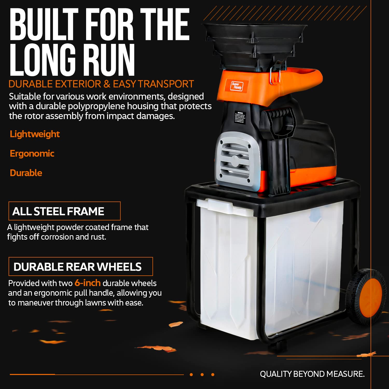 SuperHandy Wood Chipper Silent Ultra Quiet Electric 14.5-Amp 1800Watt 120VAC 1.5-1.7 Inch Max Capacity 17:1 Reduction 40L Collection Bin for Fire Prevention and Firebreaks