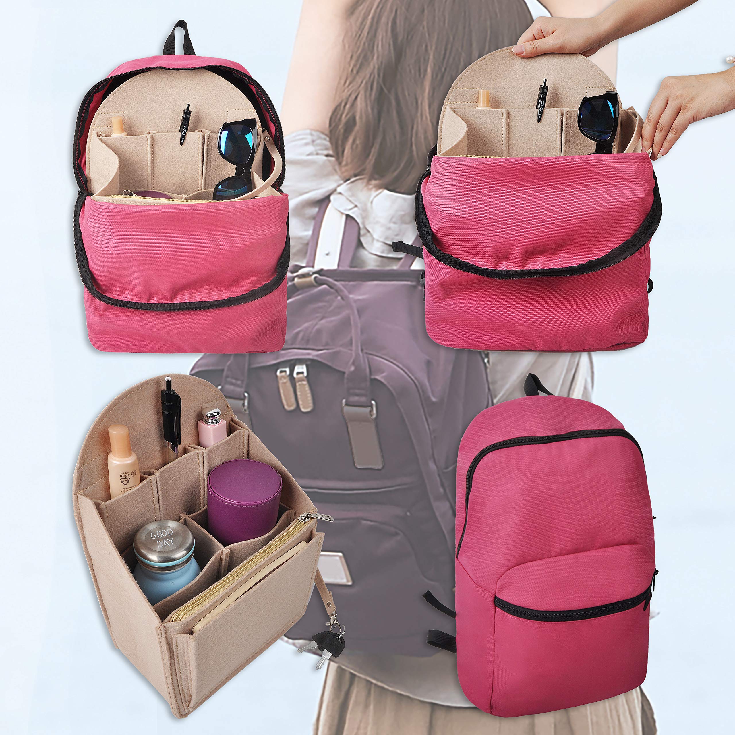 Vercord Felt Backpack Organizer Rucksack Insert Liner Inside Daypack Shoulder Bag Beige Large