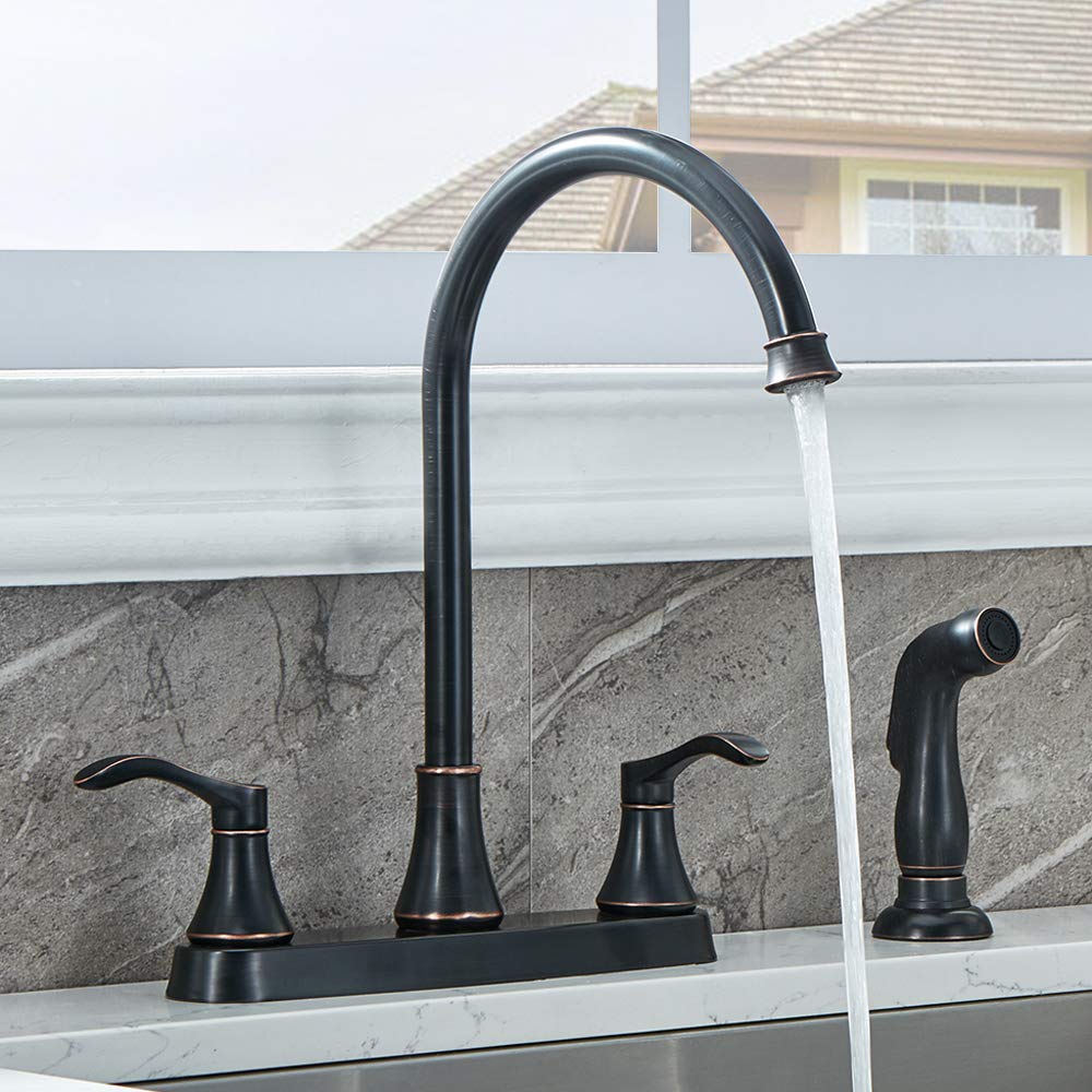 VALISY 3 Hole or 4 Hole 2 Handle Kitchen Faucet with Side Sprayer, Commercial Lead-Free Oil Rubbed Bronze Kitchen Sink Faucets for Rv Kitchen Sinks with High-Arc Spout & Side Sprayer