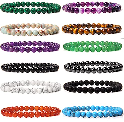 WAINIS 12Pcs 6mm Gemstone Beaded Bracelets for Women Tiny Crushed Stone Crystal Bracelet Beaded Couples Stretch Unisex Stretch Bracelets Jewelry