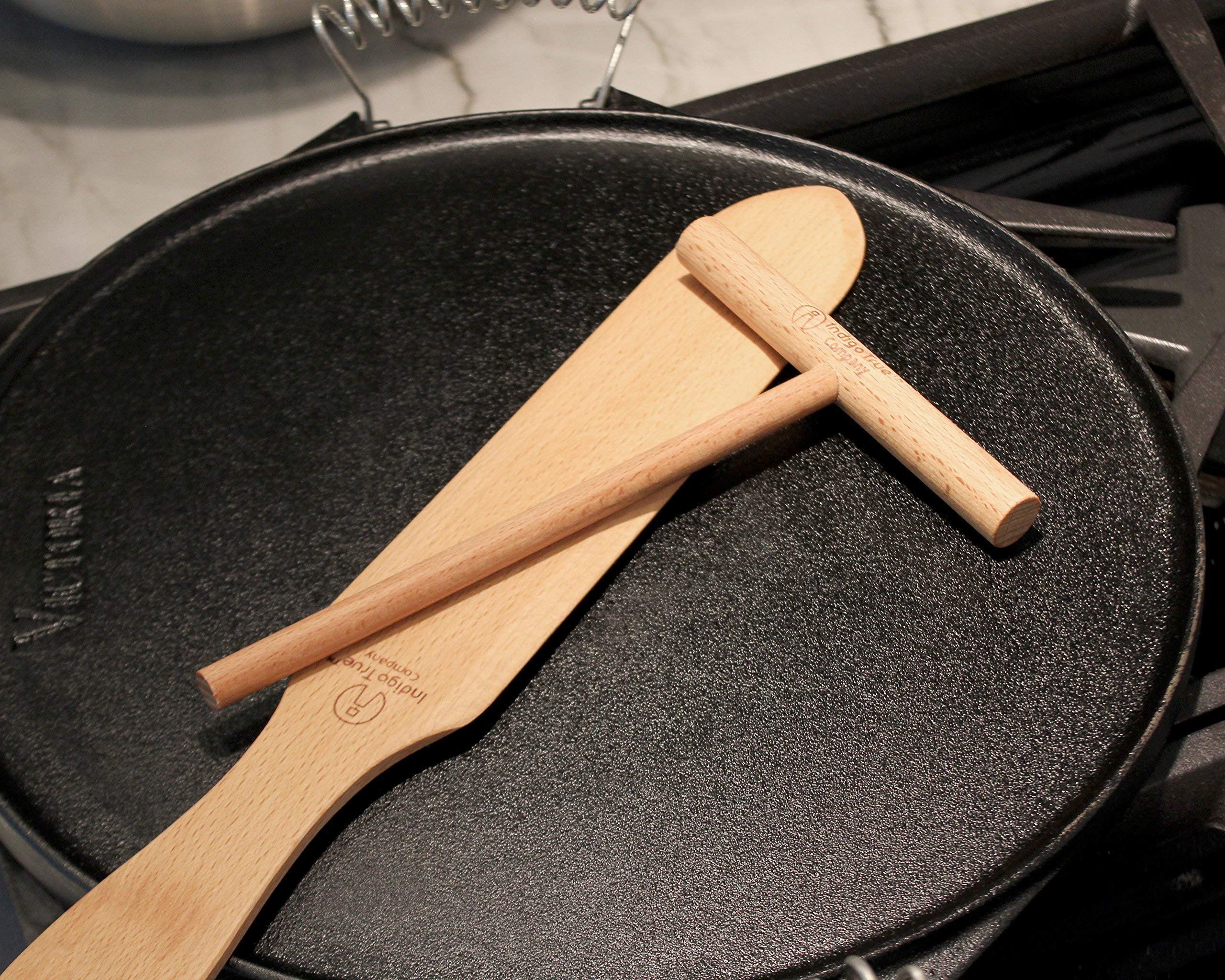 The ORIGINAL Crepe Spreader and Spatula Kit - 2 Piece Set (5β Spreader and 14β Spatula) Convenient Size to Fit Medium Crepe Pan Maker | All Natural Beechwood Construction only From Indigo True Company