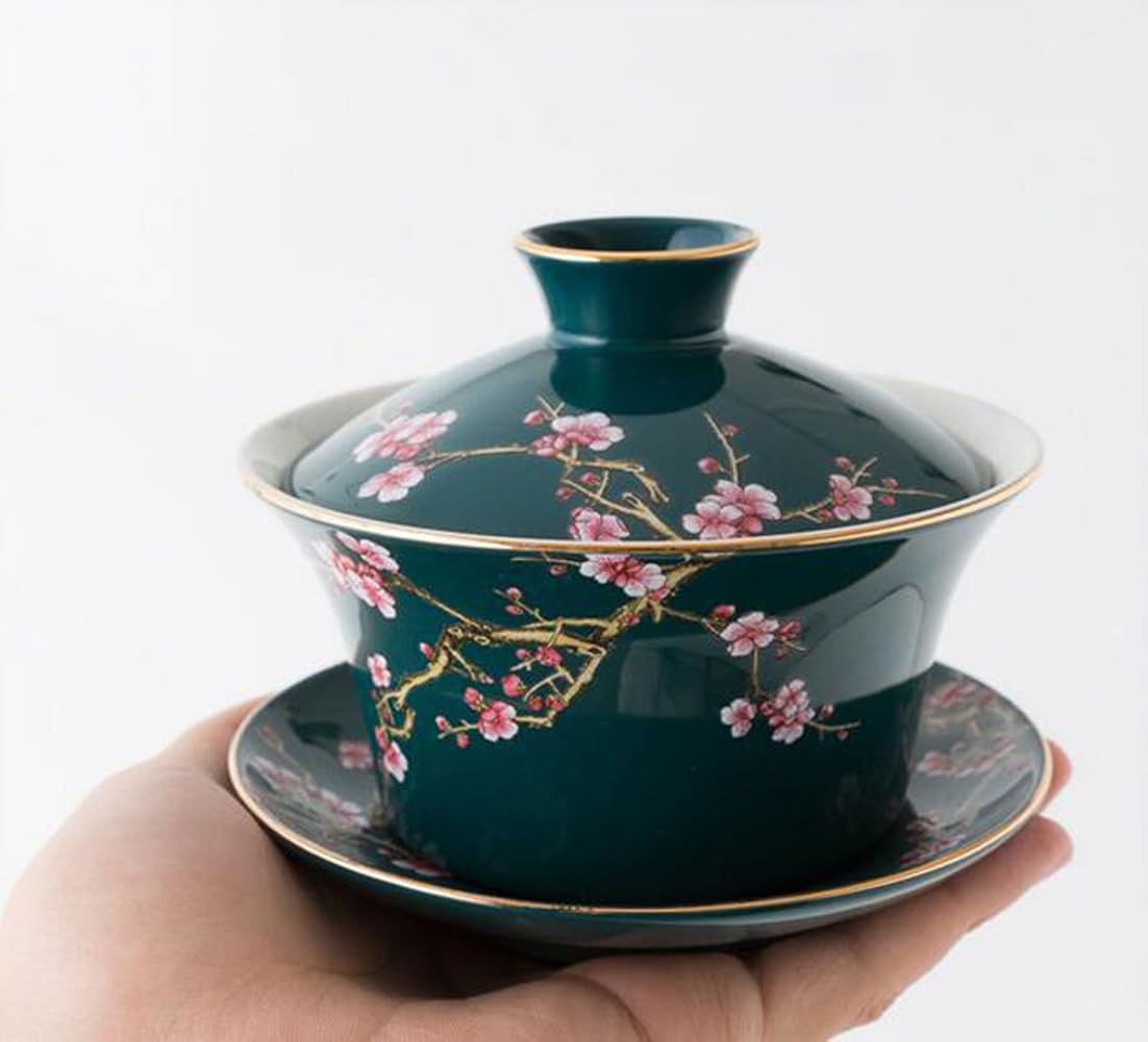YBK Tech 10oz Large Gaiwan, Porcelain Kung Fu Tea Cup and Saucer with Lid, Chinese Traditional Gaiwan, Sancai Tea Bowl - Embossed Plum Patterns (Green)
