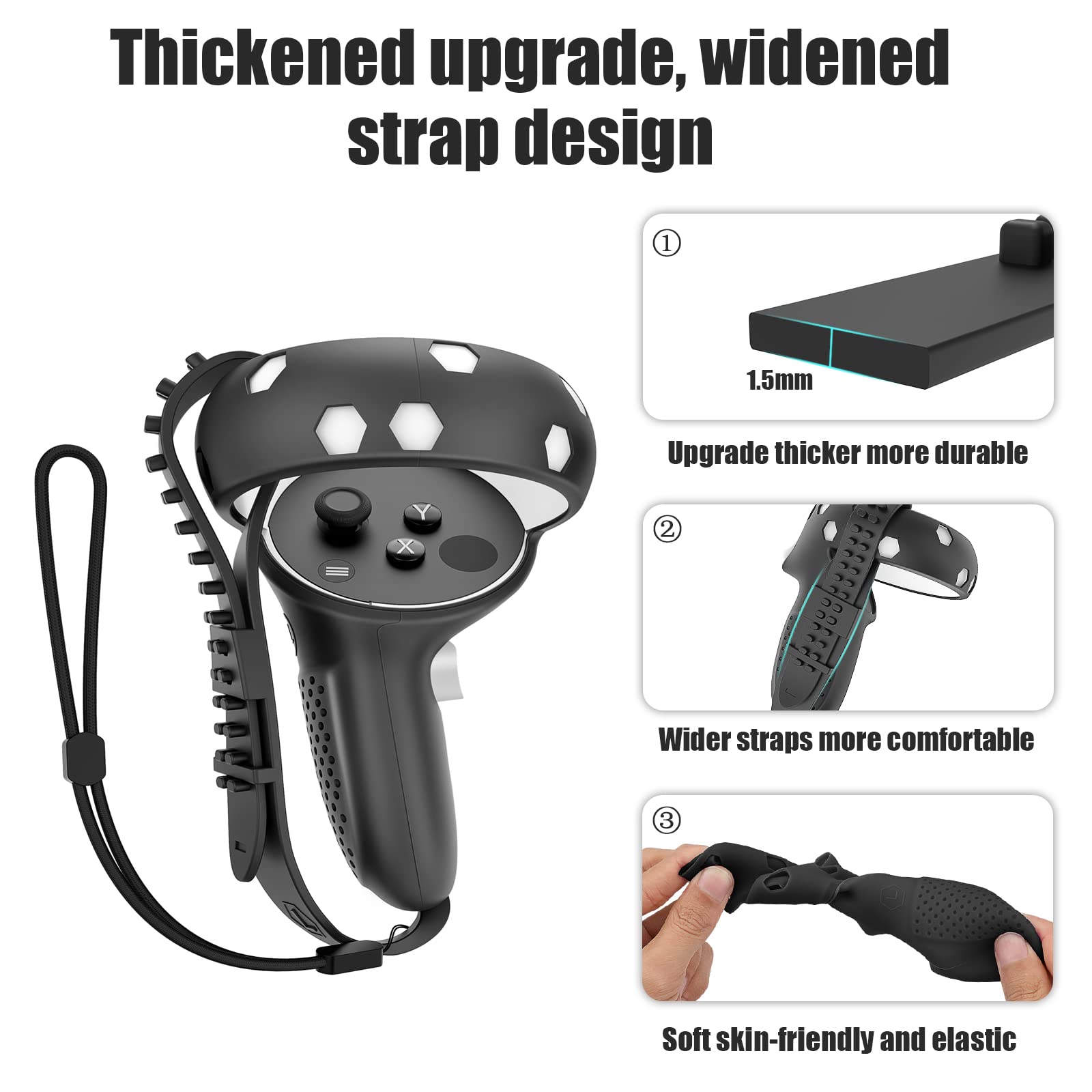 VR Controller Grip Cover, Silicone Face Cover, Protective Lens Cover, Anti-Throw Protector with Adjustable Straps, Full Cover Handle Sleeve for Oculus Quest 2 (black)
