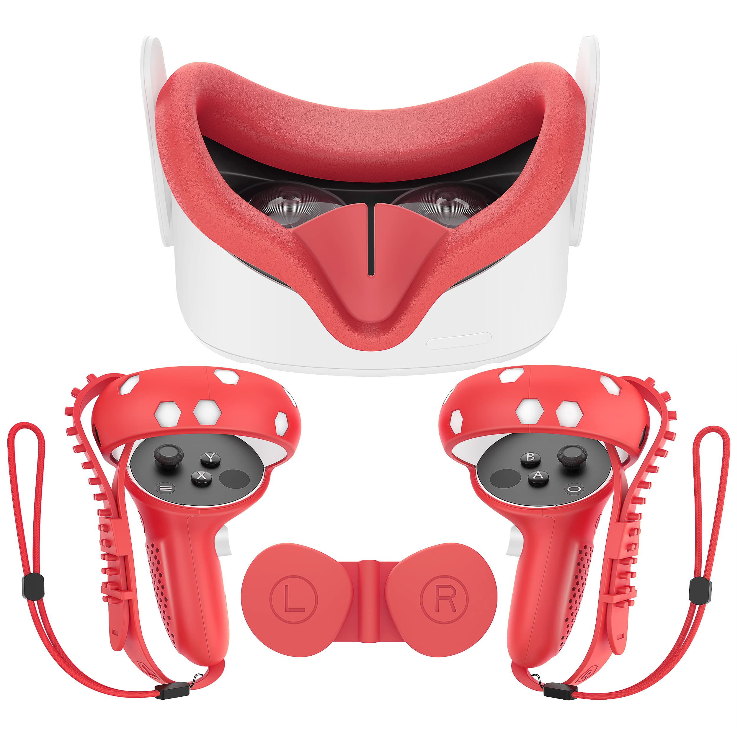 VR Controller Grip Cover, Silicone Face Cover, Protective Lens Cover, Anti-Throw Protector with Adjustable Straps, Full Cover Handle Sleeve for Oculus Quest 2 (red)