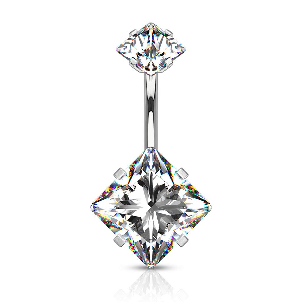 Pierced Owl 14GA Stainless Steel Internally Threaded Double Square CZ Crystal Prong Set Belly Button Ring (Silver Tone/Clear)