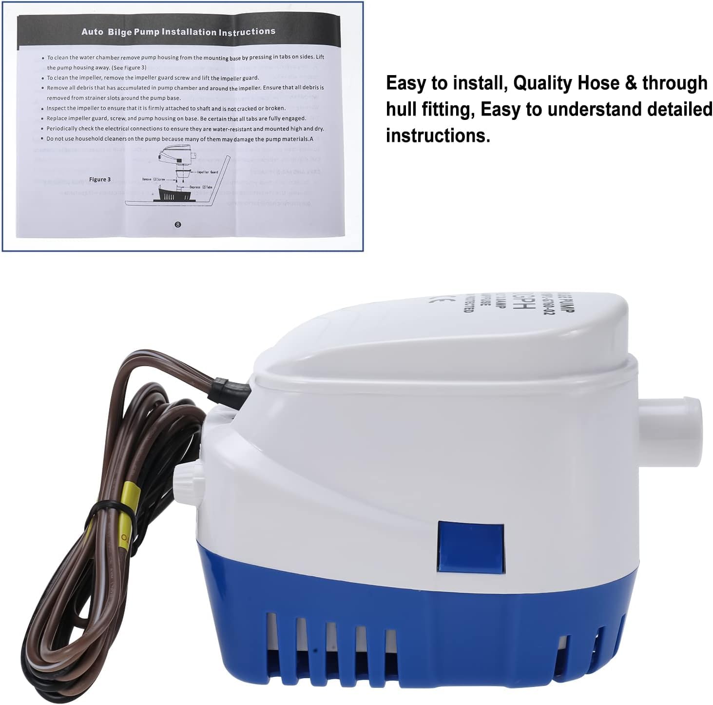 Yuelianart Auto Bilge Pump,1100GPH 12v 1-1/8" Outlet Dia. Automatic Bilge Pump,Built-in Auto Float Switch Submersible Pump for Boat (1100GPH)