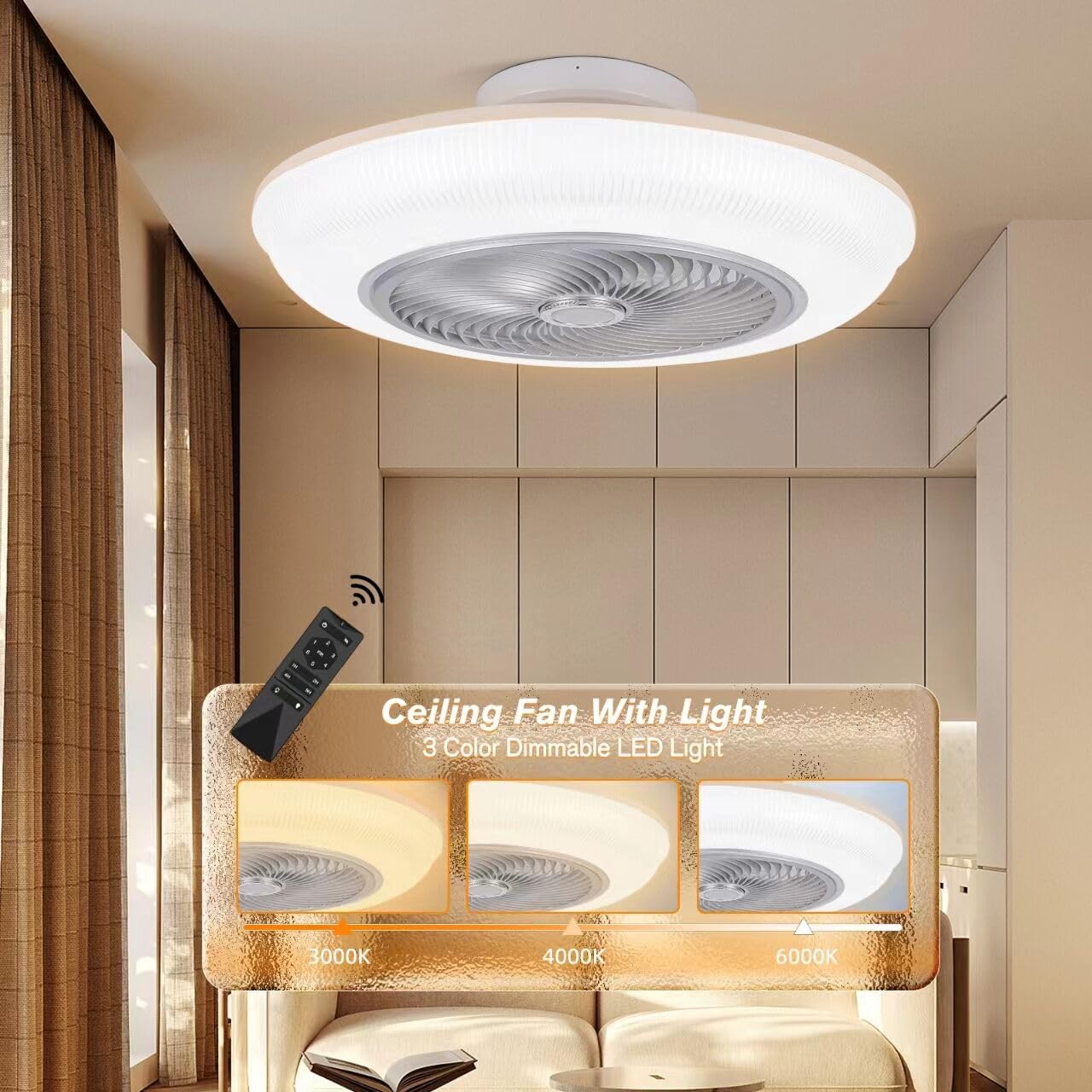 OYZ Ceiling Fans with Lights, Modern Bedroom Ceiling Fan with Lights Smart APP and Timing Remote,3-Color Light Dimming 3-Gear Wind Enclosed Ceiling Fan