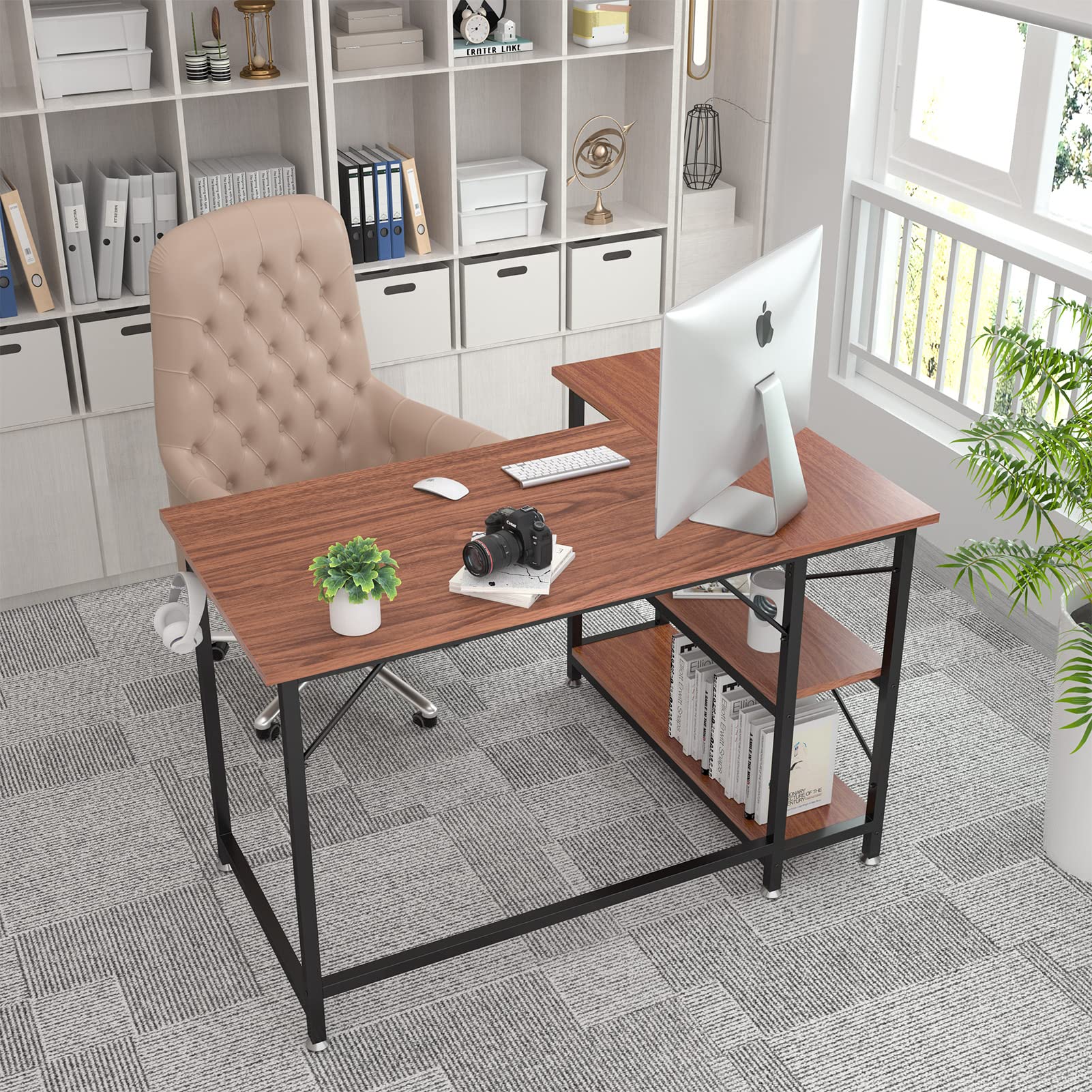 Pyraxis L Shaped Computer Desk, 47 Inch Gaming Desks with Hooks, Corner Desk with Storage Shelves, Office Desk for Small Space, Reversible Desks for Home Office, Walnut
