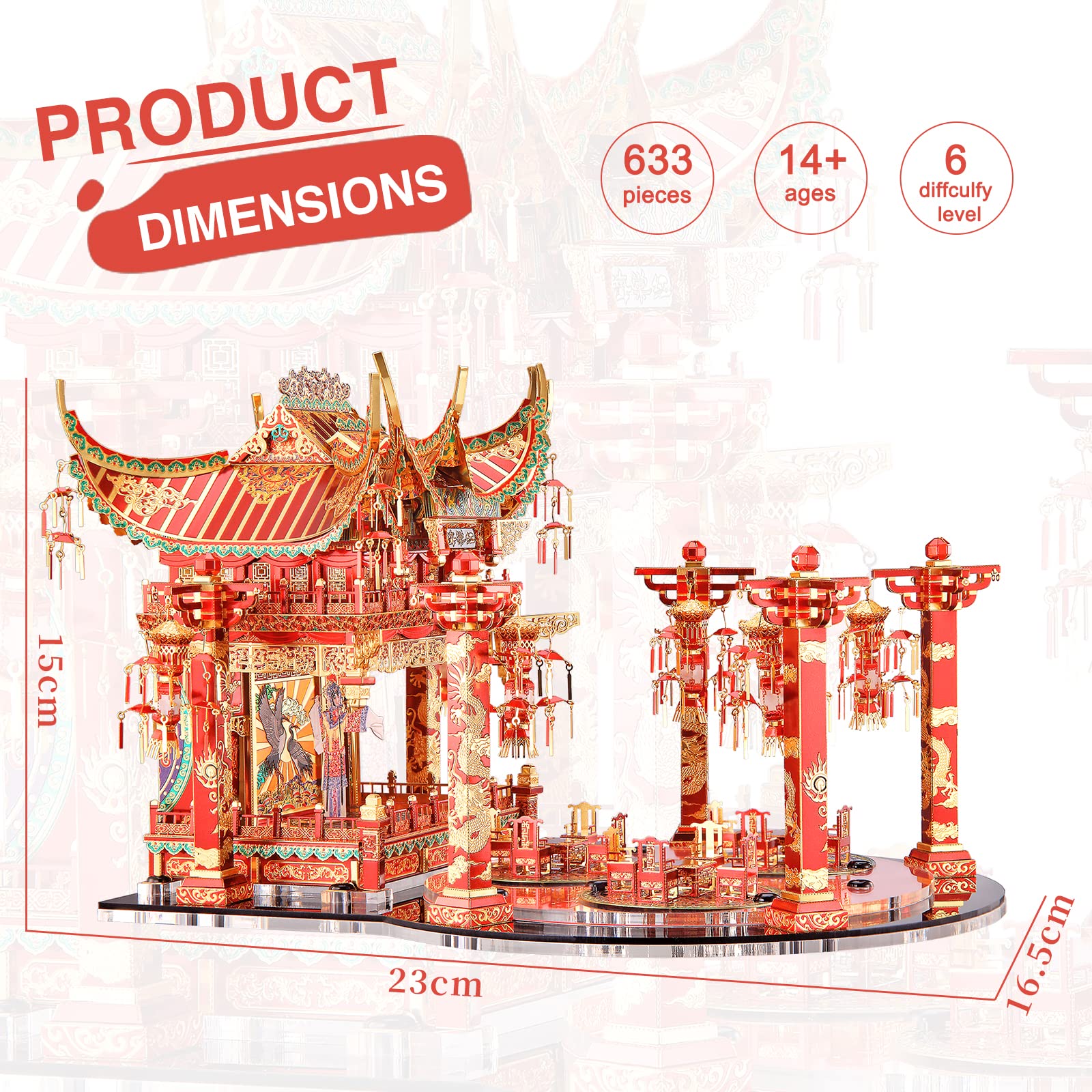 Piececool 3D Puzzles for Adults, Begonia Red Theater Chinese Traditional Building Model Kits, Challenge Difficult Brain Teaser 3D Metal Puzzle STEM Learning Toys Gift DIY Craft Home Decor - 663 Pcs
