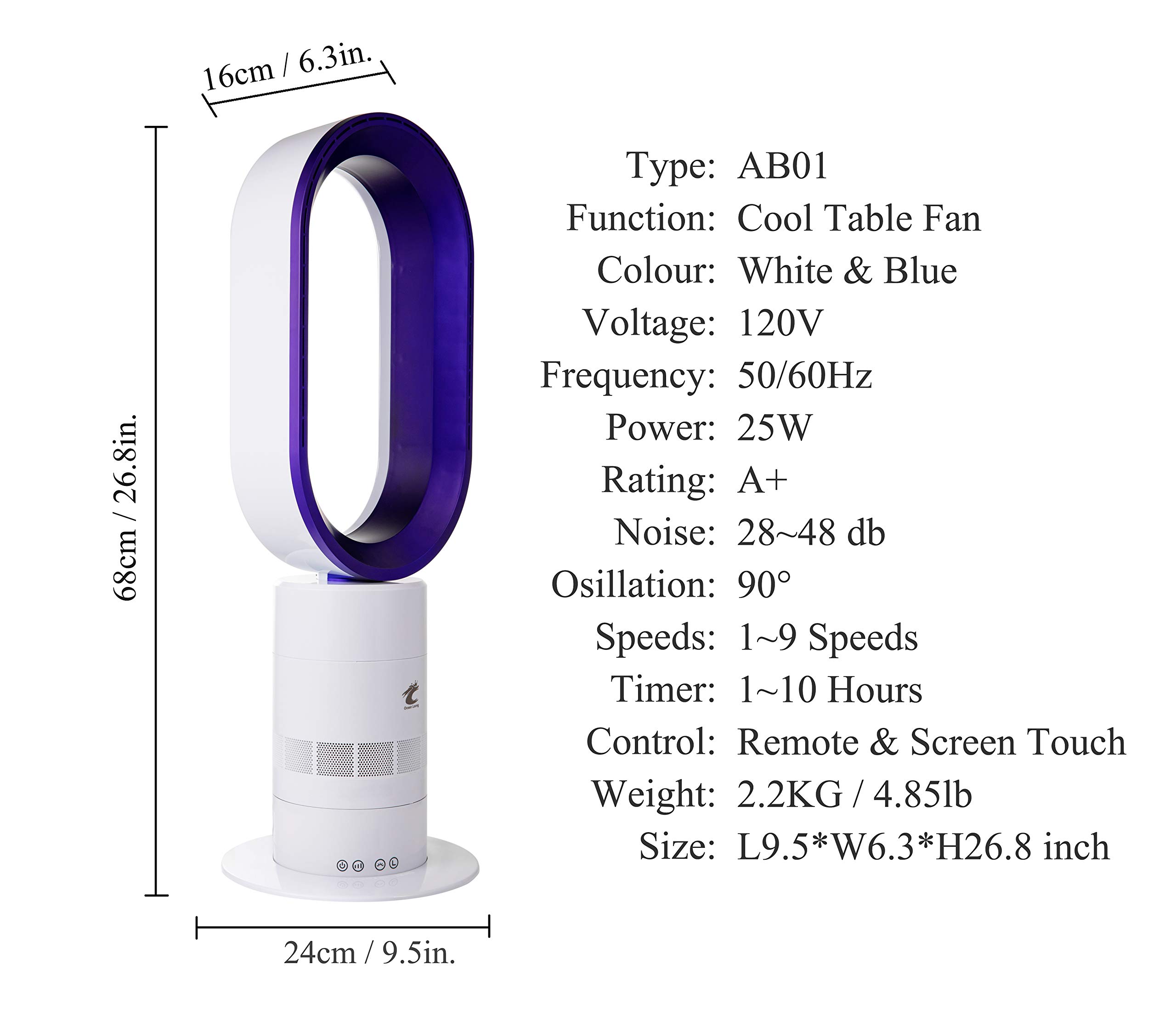 Ocean Loong AB01 Bladeless Tower Fan, 26 Inches 9 Speeds & 9H Timer Table Fan, White Air Circulator Fan for Bedroom Office