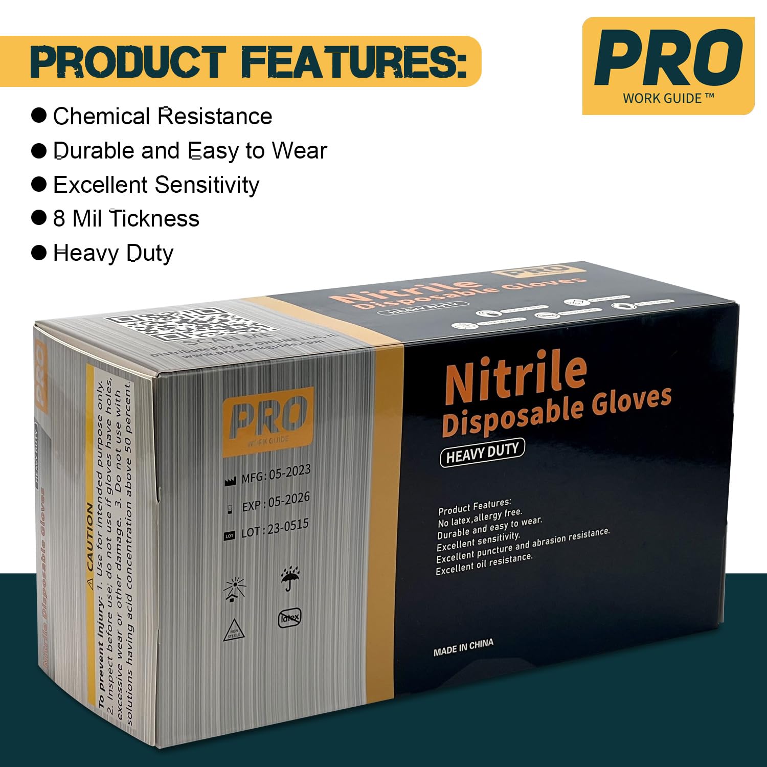Pro Work Guide Black Nitrile Disposable Gloves 8 Mil, Latex & Powder Free, Full Textured Grip, Chemical Resistance (Extra Large)