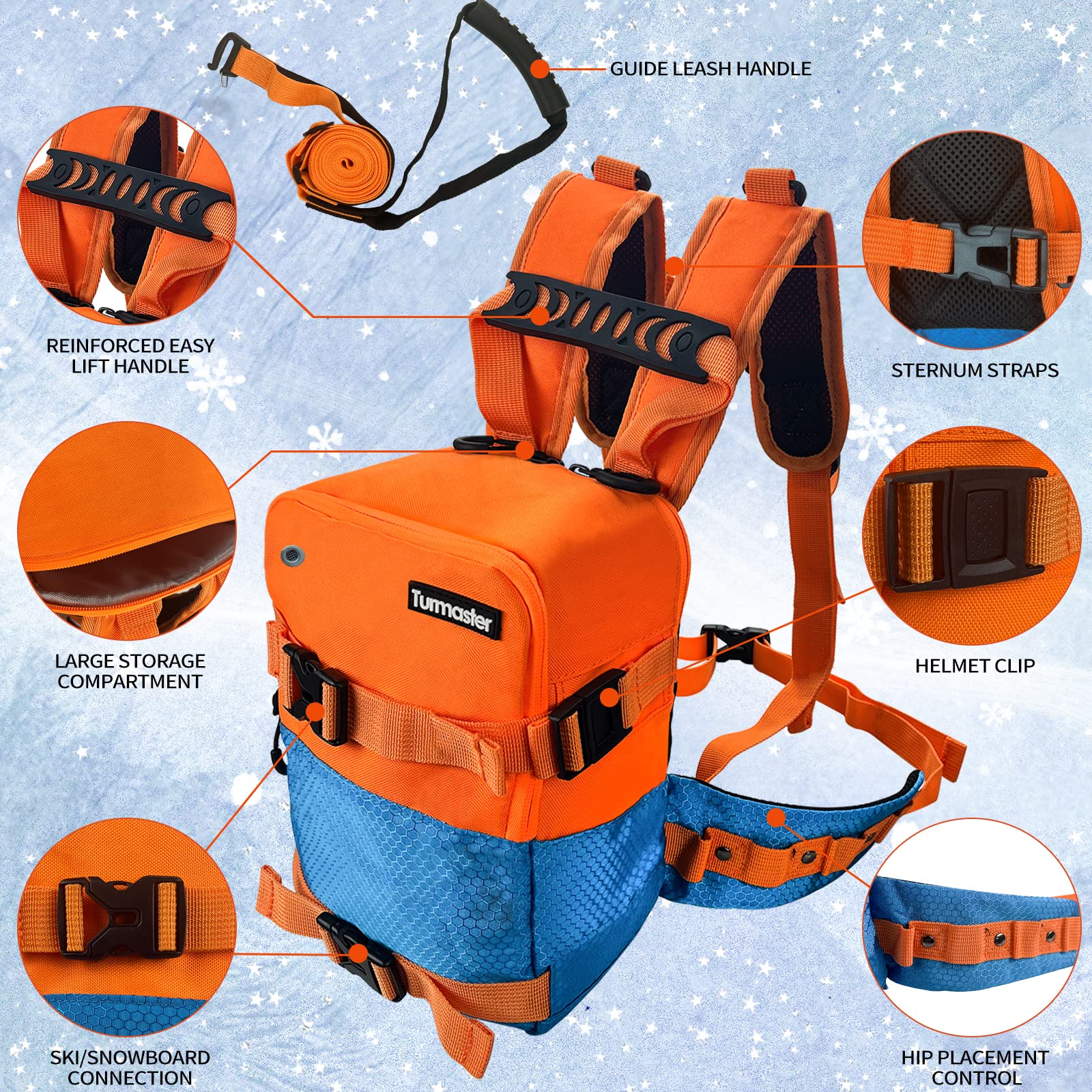 Turmaster Kids Ski and Snowboard Harness Trainer Backpack, Adjustable Ski Training Harness with Shock Absorbing Leashes for Kids Toddlers Beginners, Learn to Ski Safely & Speed Control, Orange