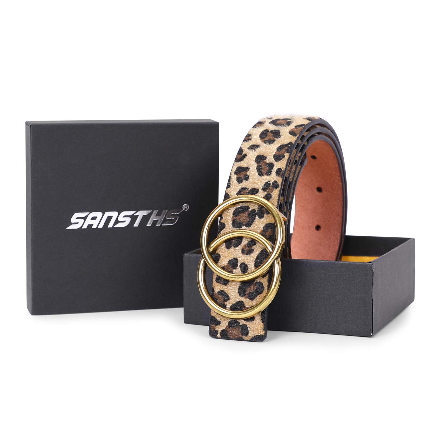 SANSTHS Womens Leopard Belt with Removable Gold Double Ring Buckle for Jeans, M