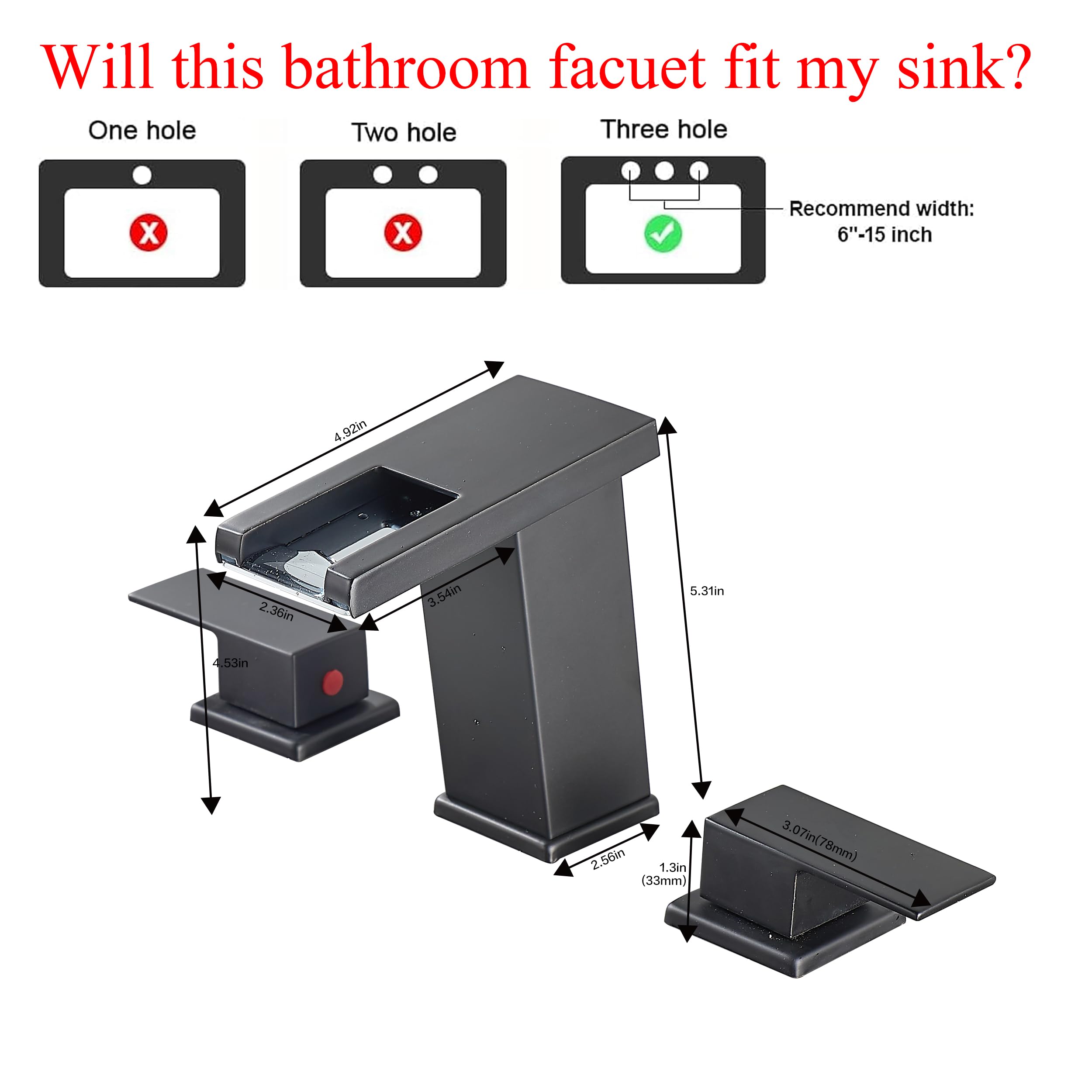 Tai Doo Bathroom Sink Faucet, 3-Piece Waterfall LED Light, 3 Hole, Black, Brass Stainless Steel, Widespread, for Bathroom & RV Sinks
