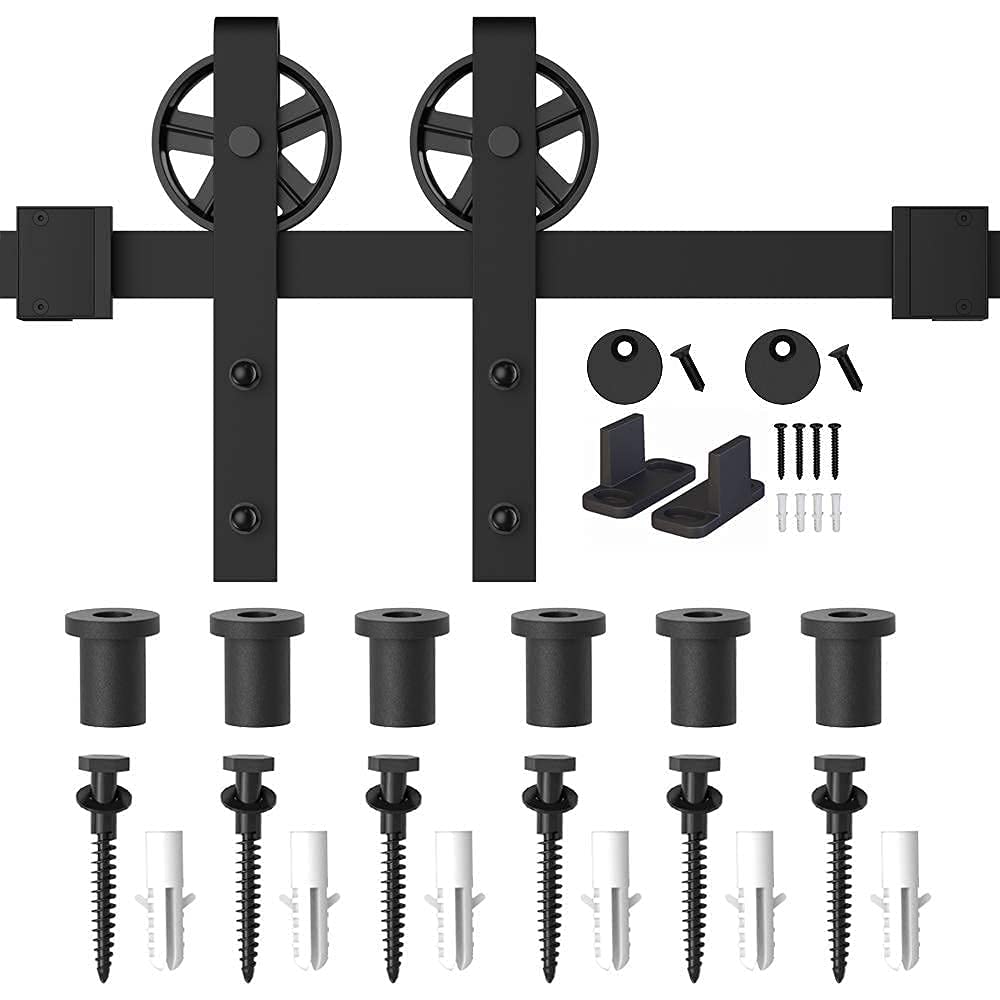 WINSOON 7.5FT Single Wood Sliding Barn Door Hardware Black Big Wheel Kit with 1 Pcs 6-1/2" Flush Pull Handles, Rectangular Recessed Invisible Flat Finger Pull Set