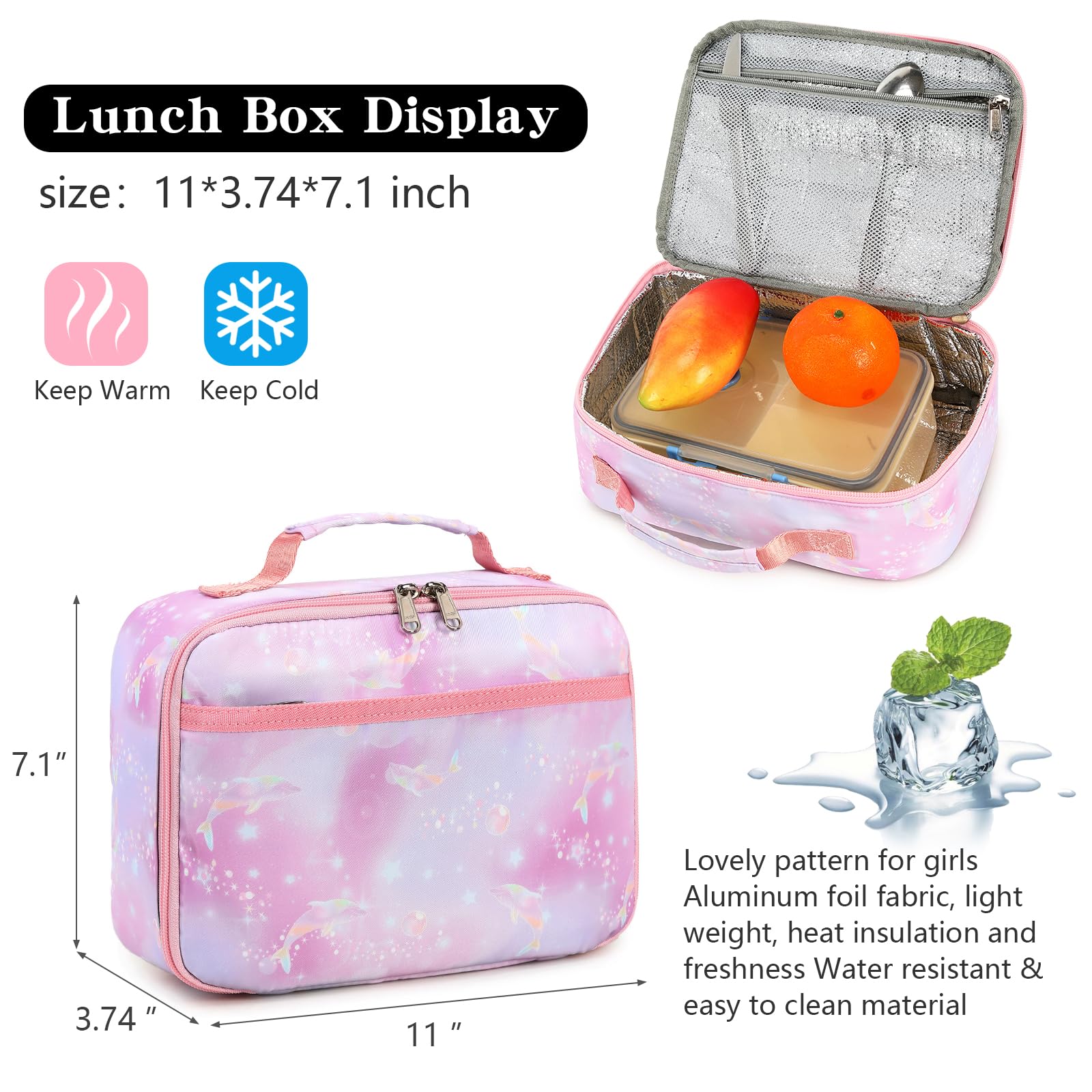 YCBB Kids Backpacks for Girls Dolphin School Bookbags Set with Lunch Tote Bag Lightweight Preschool Kindergarten Elementary School Backpacks