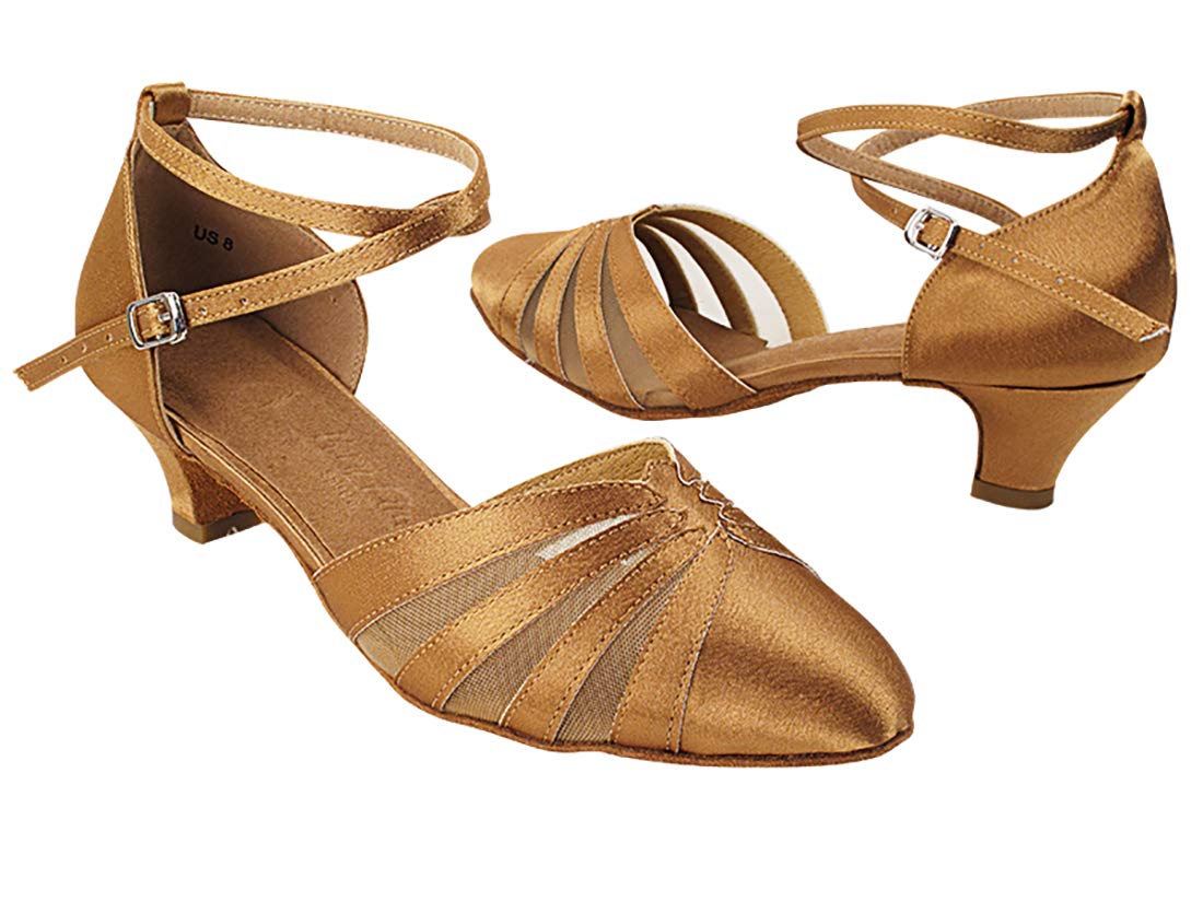 Very Fine Dance Shoes - Ladies Practice, Cuban Low Heel, Waltz Ballroom Dance Shoes - SERA3543-1.2-inch Heel and Foldable Brush Bundle - Brown Satin - 9