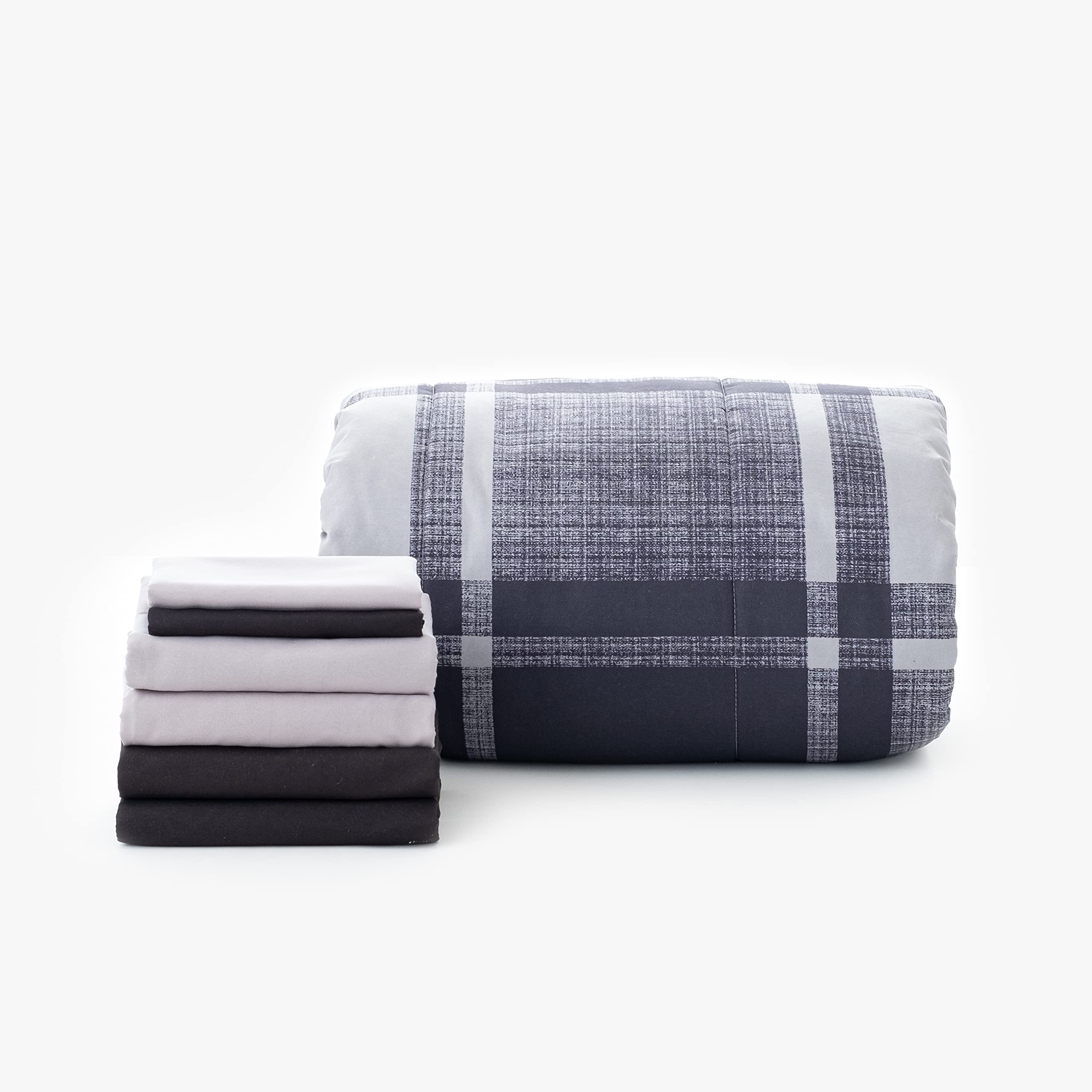 OCM College Dorm Room 23-Piece Preferred Dorm Essentials Value Pack | Twin XL | Comforter, Sheets, Pad, Topper, Towels, Organization, Storage | Wonderland Gray | Oversized Plaid in Black & Gray