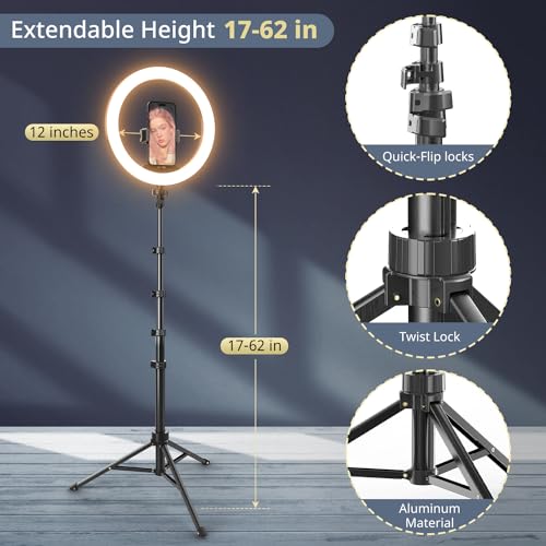 UBeesize 12β Selfie Ring Light with 62β Extendable Tripod Stand & Remote, LED Circle Light with Phone Holder for Video Recording/Makeup/Content Creator (YouTube/TikTok/Twitch), Phone, Camera & Webcam