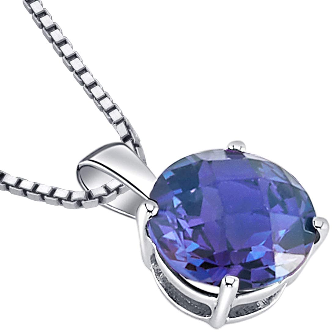 PEORA Created Alexandrite Pendant for Women 14K White Gold, Color-Changing Classic Solitaire, 2.35 Carats Round Shape 8mm, AAA Grade