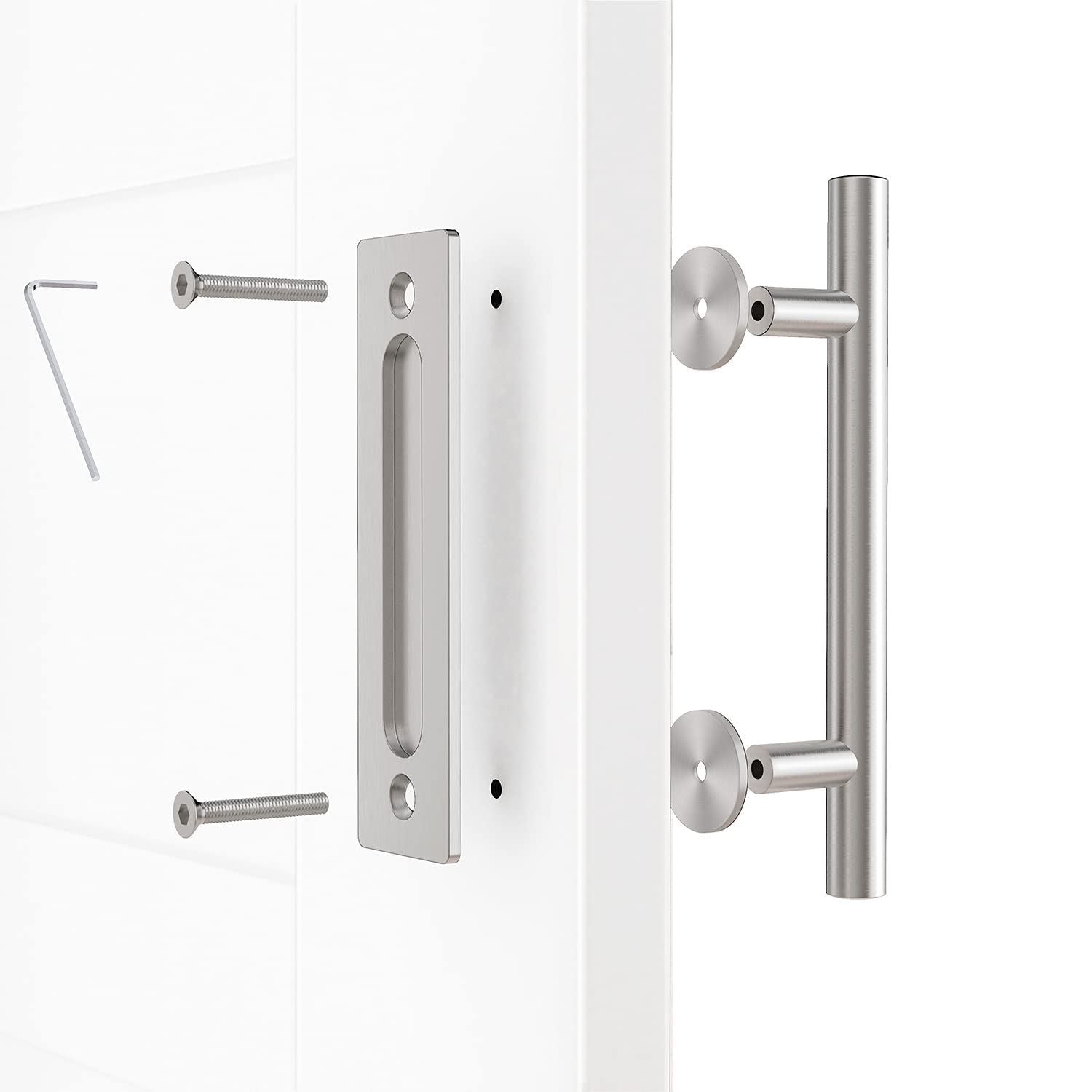 WINSOON 8FT Black Straight Design Sliding Roller Barn Single Wood Door Hardware Closet Track Kit Set with Sliding Barn Door Handles Brushed Nickel