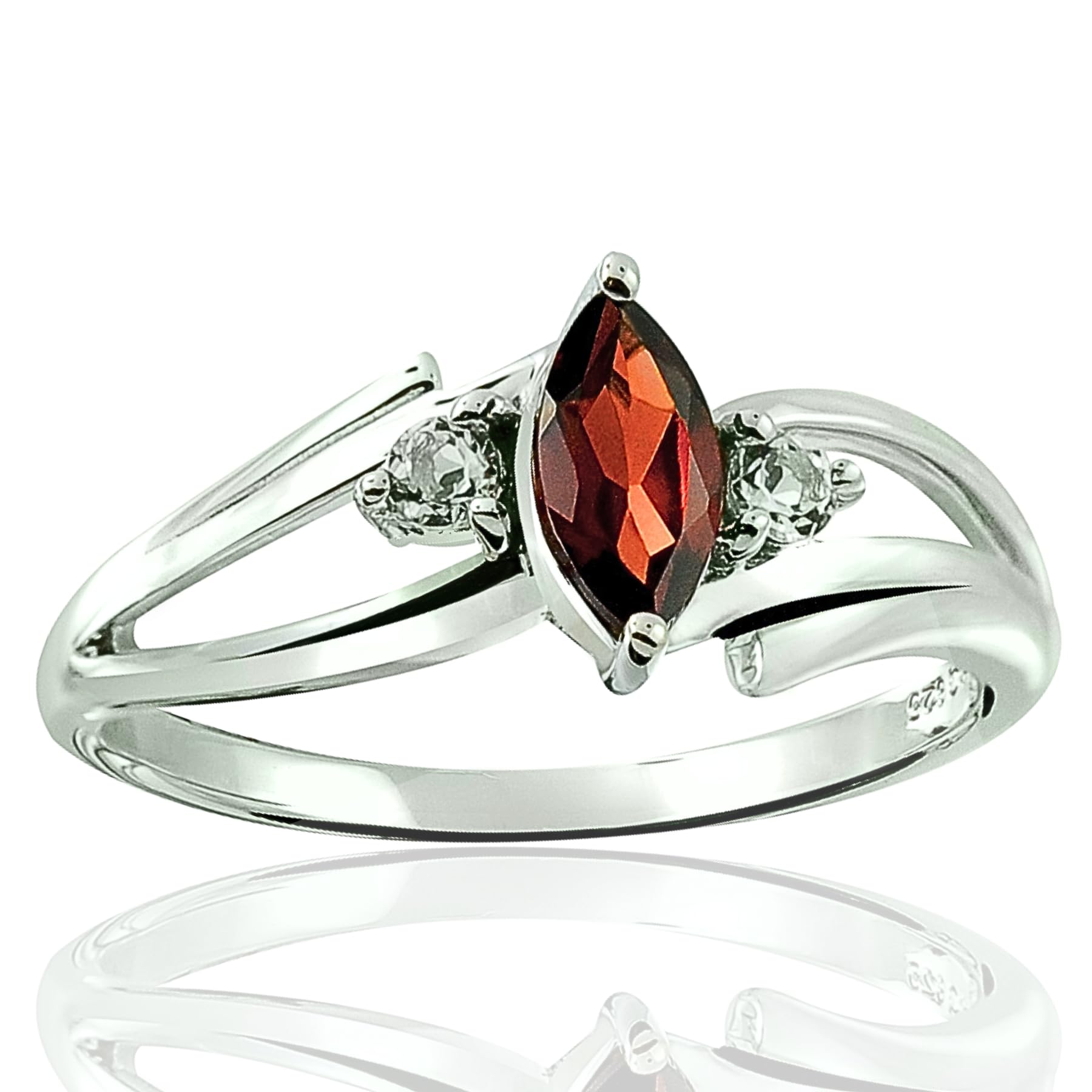RB Gems 925 Sterling Silver Ring Genuine Gems Marquise 8x4 and Round Gems Accented with Wave-like Design Shank Rhodium-Plated Finish (Garnet, 11)