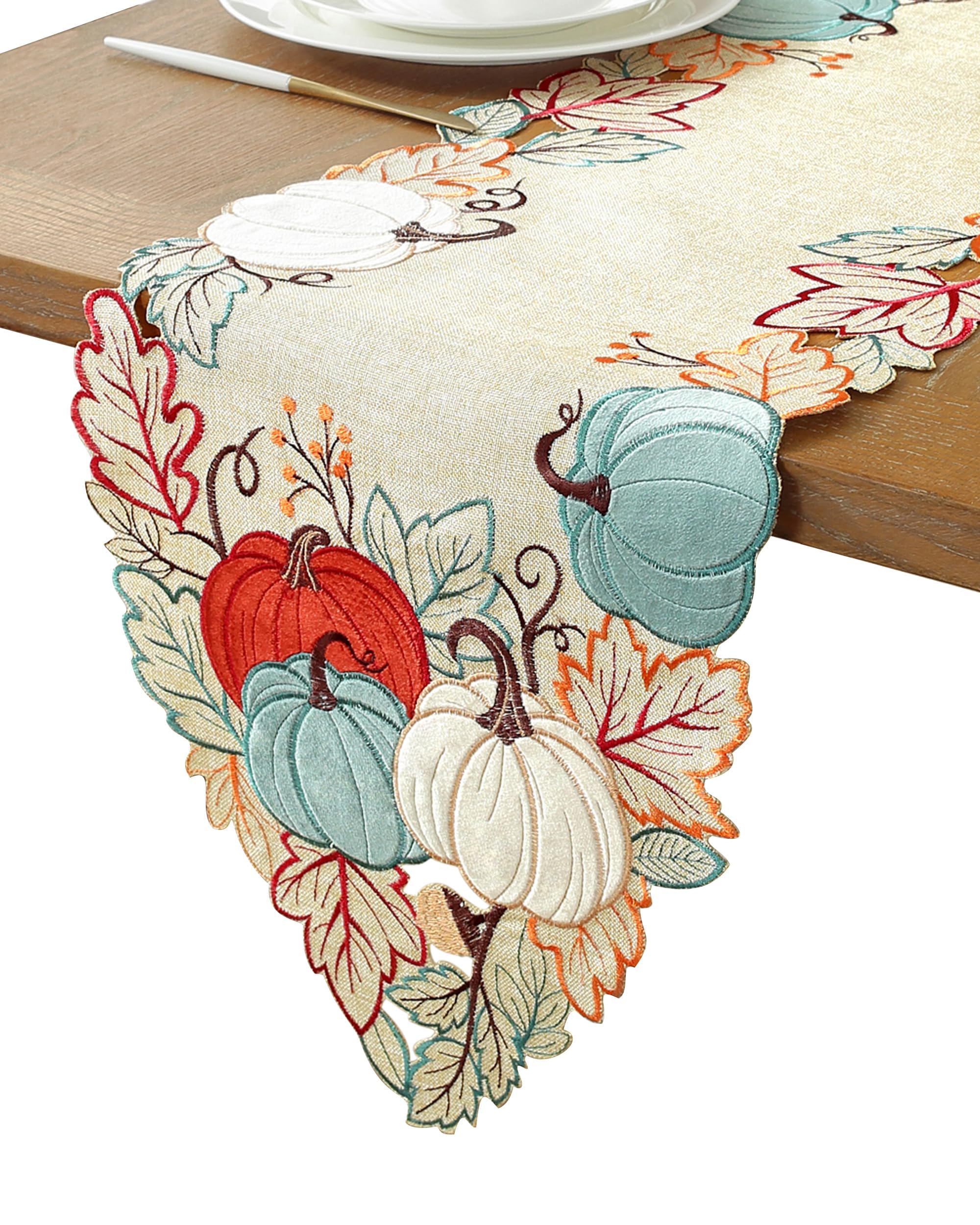 Thanksgiving Table Runner Fall Decorations for Home Fall Table Runner with Embroidered Velvet Pumpkins Maple Leaf. Halloween/ Christmas Table Decorations for Kitchen Dining Harvest Party Decor