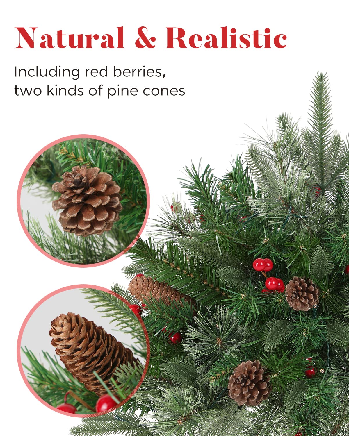 OasisCraft Outdoor Christmas Tree Frosted Urn Filler, Pre-lit Artificial Xmas Tree with LED Lights, 18 Inch Small Christmas Tree with Cones & Red Berries