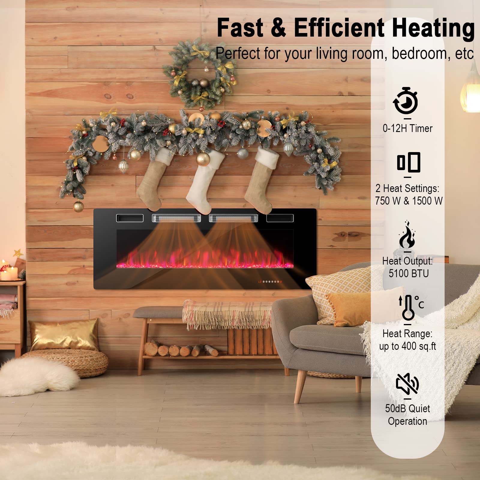 Tangkula 50 inches Electric Fireplace Insert, 3.19 Inches Ultra Thin Recessed & Wall Mounted 1400W Fireplace with Adjustable Flame Color & Speed, 12 H Timer,Remote Control,Touch Screen and WiFi App