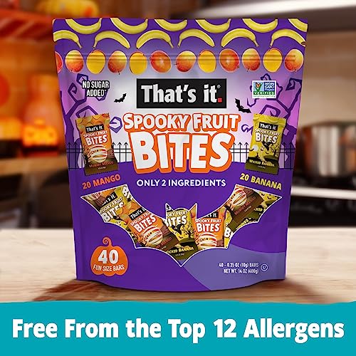 That’s it. Spooky Fruit Bites Halloween Fun Size Fruit Bars Variety Pack (Mango, Banana), Non-GMO, Allergen Friendly, Kosher, Gluten Free Snacks No Added Sugar (40 PCS, 10g Each)