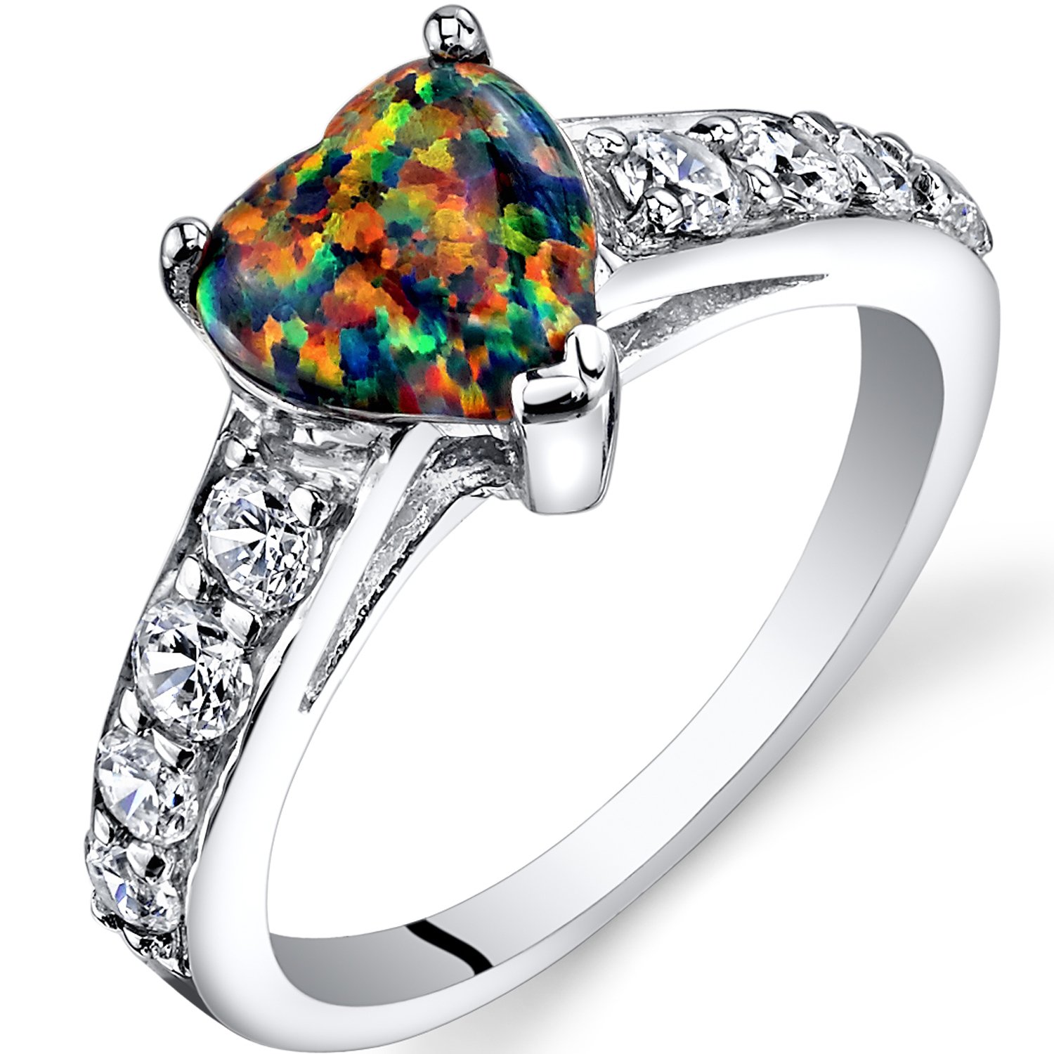 PEORA Created Black Fire Opal Heart Promise Ring for Women 925 Sterling Silver, 1 Carat Heart Shape 7mm, Comfort Fit, Size 6