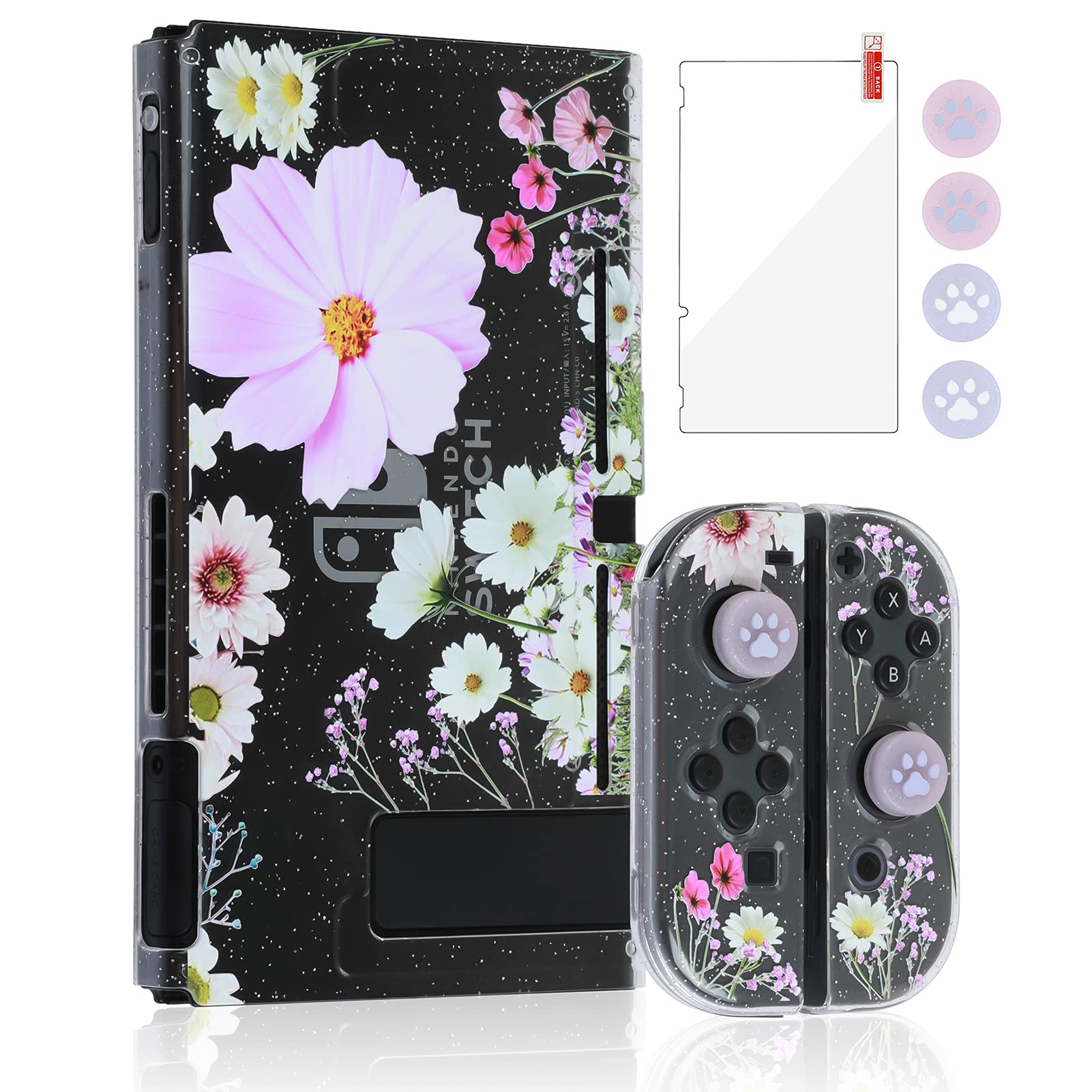 ThreeShip Kawvisy Dockable Crystal Case for Switch, Glitter Switch Cover with 4 Cute Cat Claw Thumb Grips and Screen Protector, Sparkle Switch Case(Pink Flower)