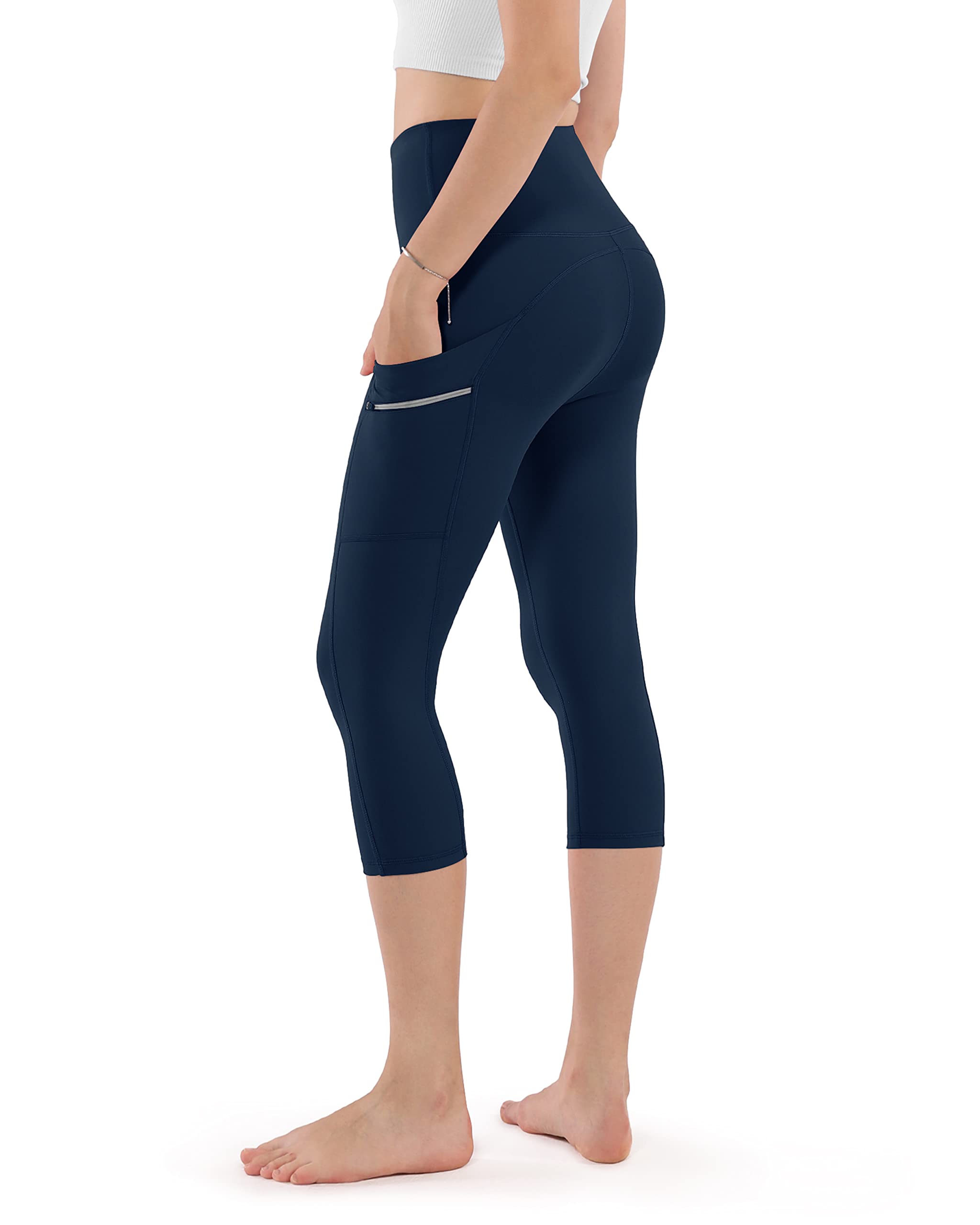 ODODOS Women's High Waisted 19" Inseam Dual Pockets Workout Capris, Yoga Running Gym Athletic Capris Leggings, Navy, Medium